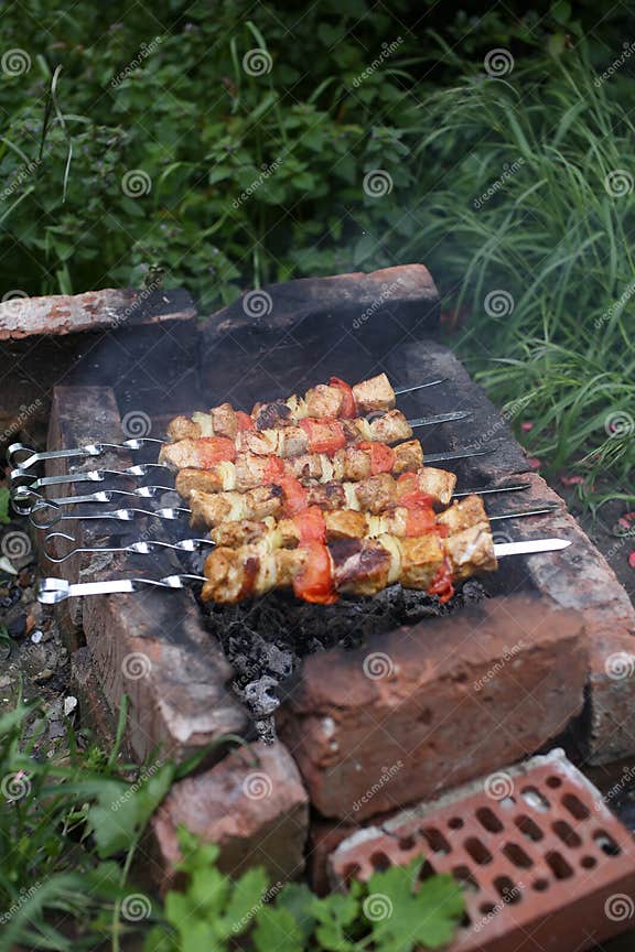 Hot Russian Shish Kebab on a Brick Grill, Grilled on Coals Close-up ...