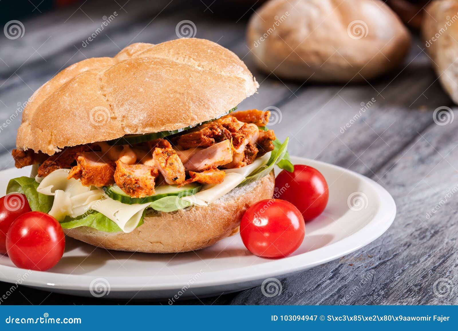 Fried Chicken Meat with Cheese and Vegetables in Bun Stock Image ...