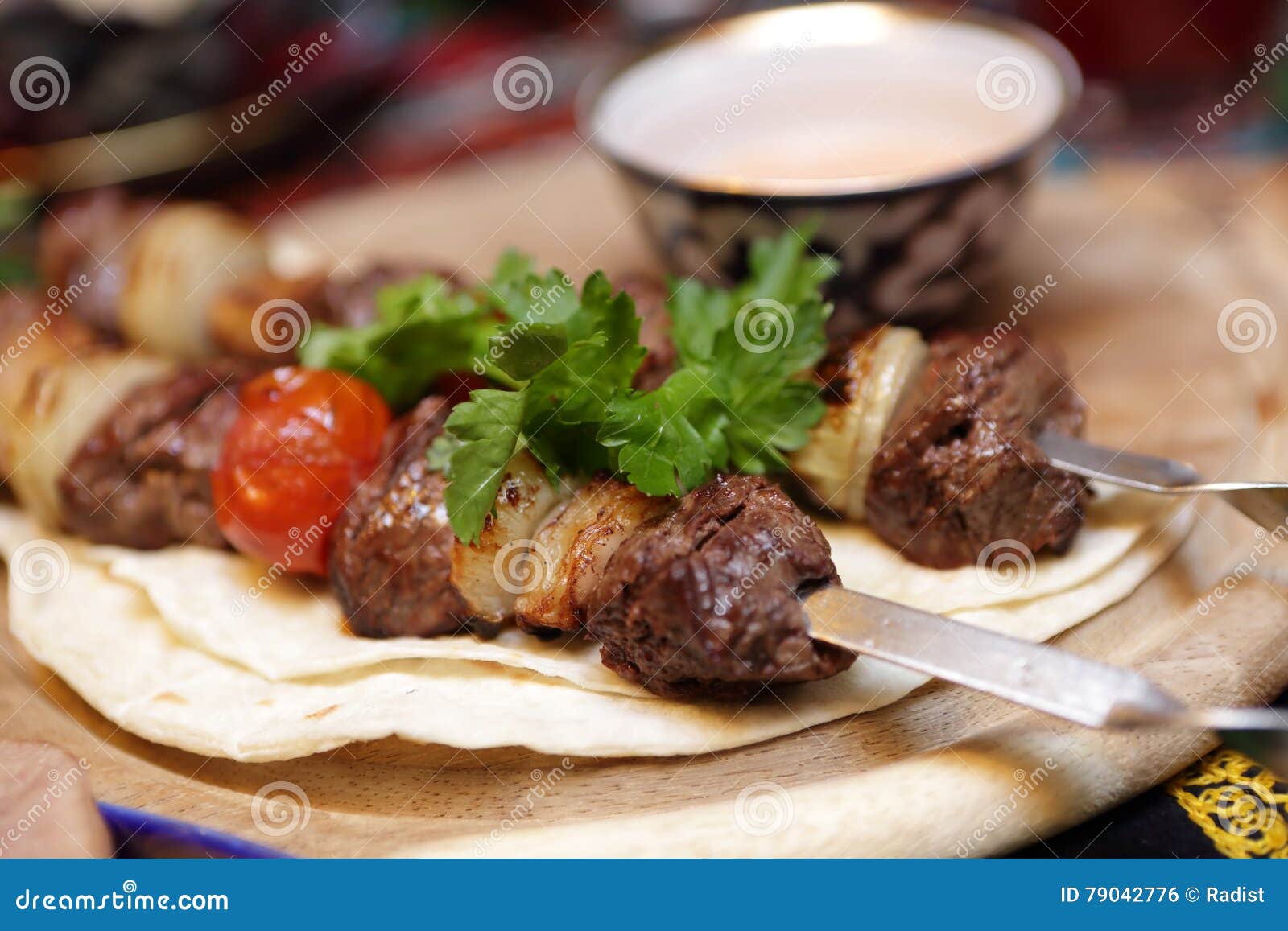 Kebab on skewers stock photo. Image of dining, meat, lamb - 79042776