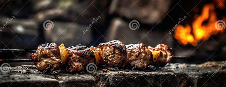 Kebab on Stone Rustic Pub Wide Panoramic. Generative AI Stock ...