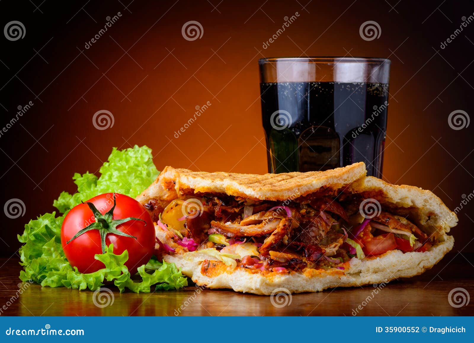Kebab, Vegetables and Cola Drink Stock Photo - Image of tomato, lettuce ...