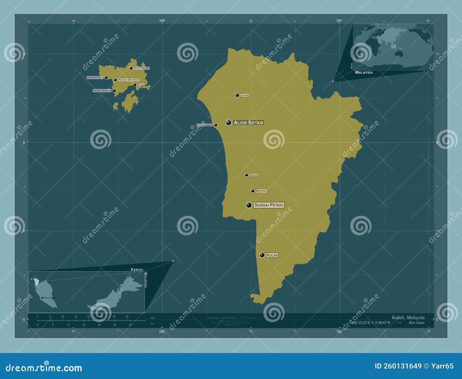 Kedah, Malaysia. Solid. Labelled Points of Cities Stock Illustration ...