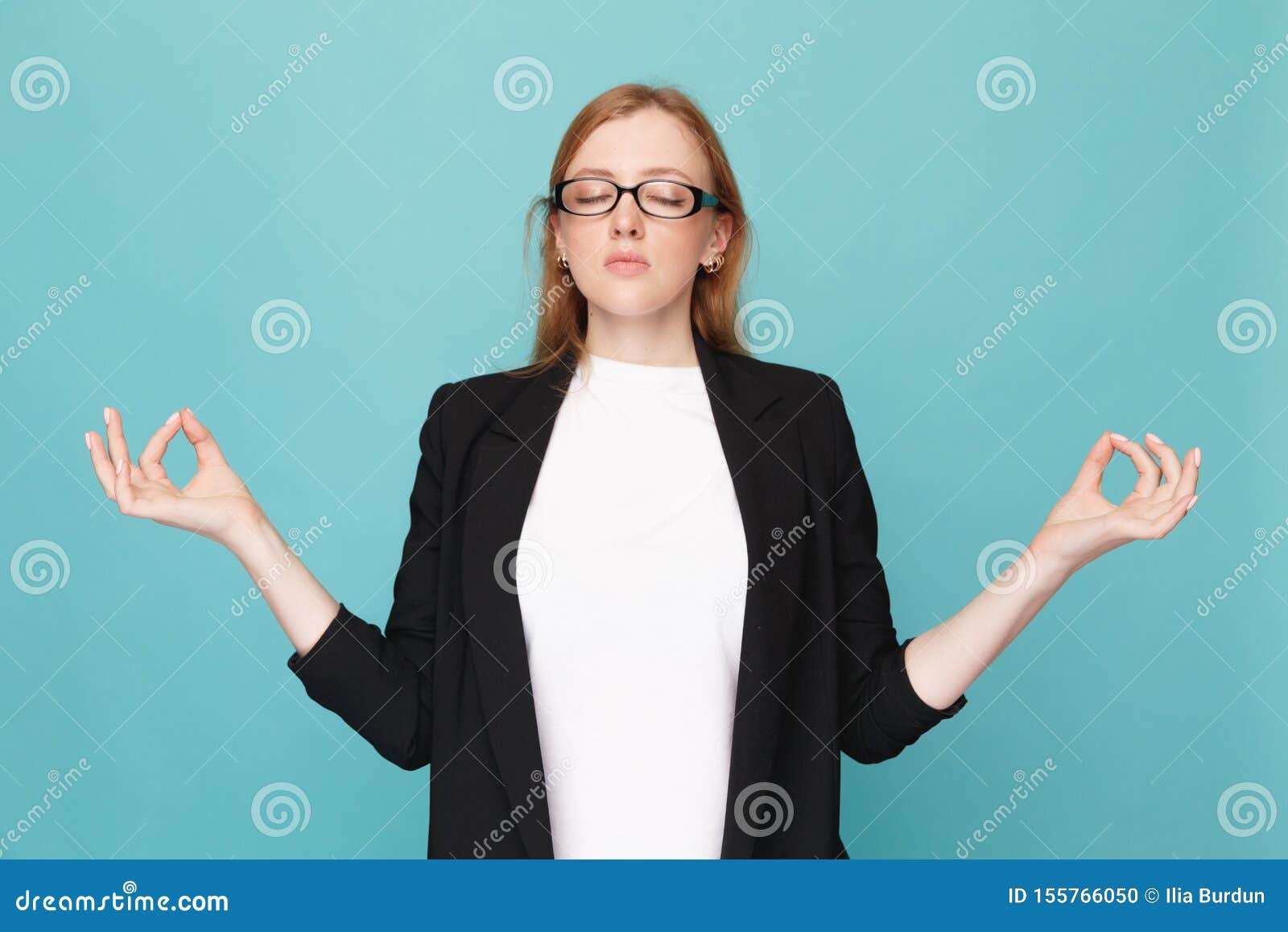Keep Calm Concept. Woman in Glasses in a Zen Pose. Stock Photo - Image ...