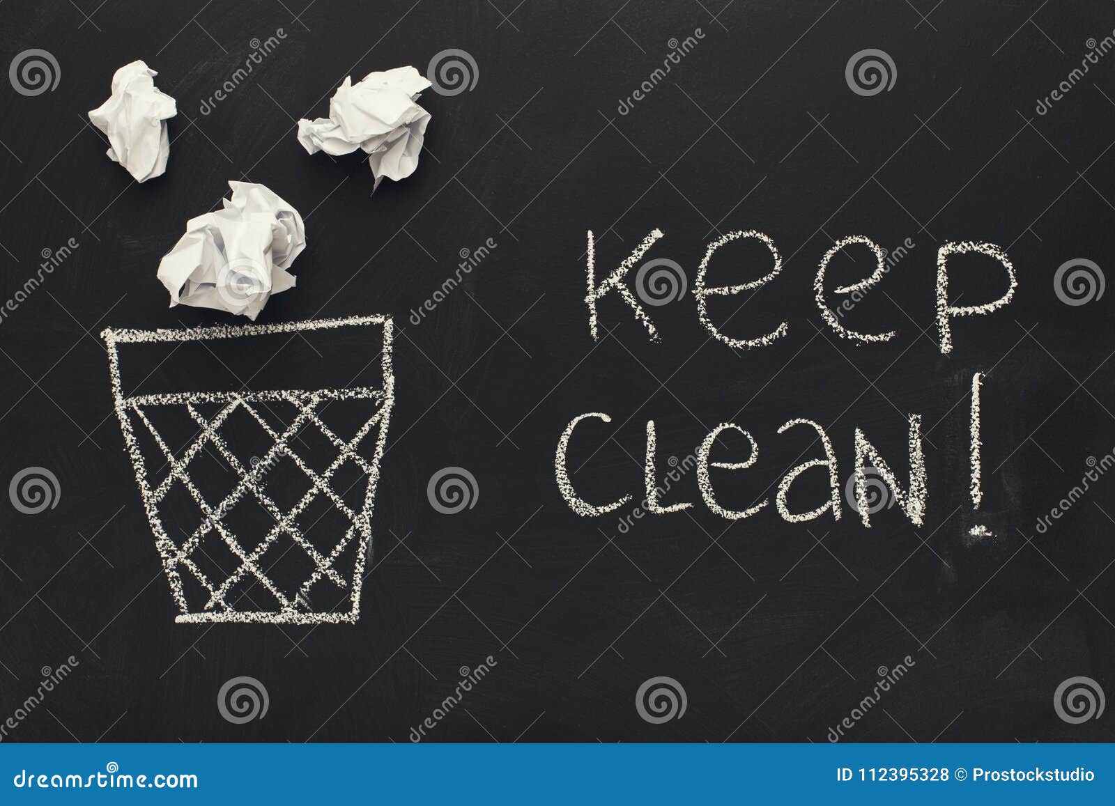 Keep Clean Background. Trash Bin and Papers on Blackboard Stock Photo ...