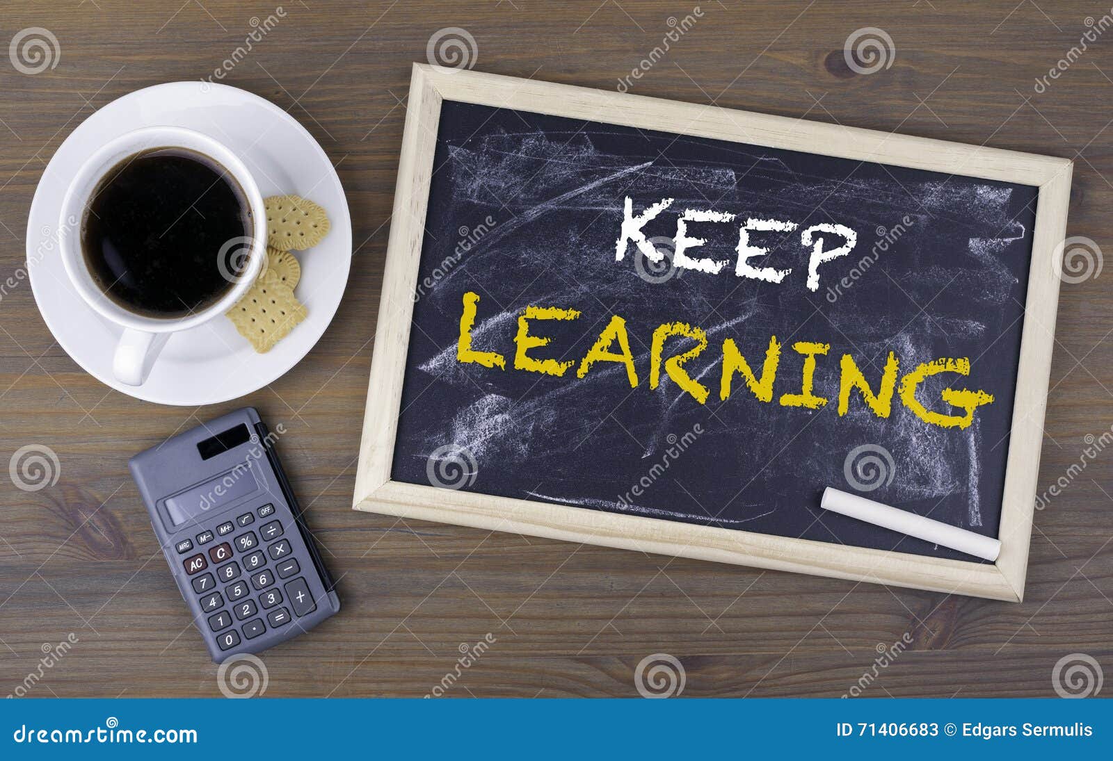 Keep Learning. Chalk Board on a Wooden Table Stock Image - Image of ...