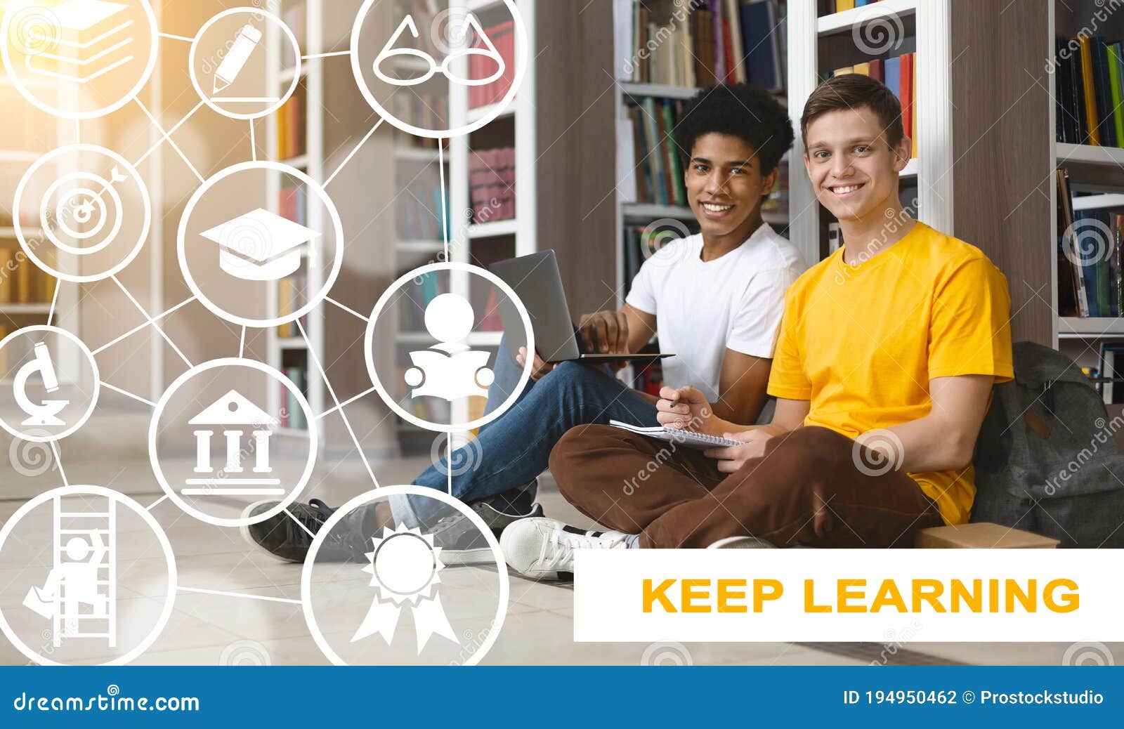 Two Diverse Students Studying Using Computers Sitting in Library ...