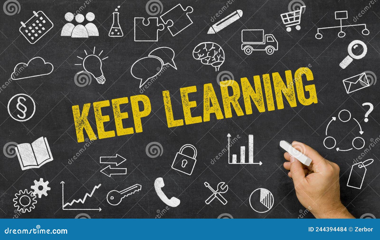Keep Learning Written on a Blackboard with Icons Stock Photo - Image of ...