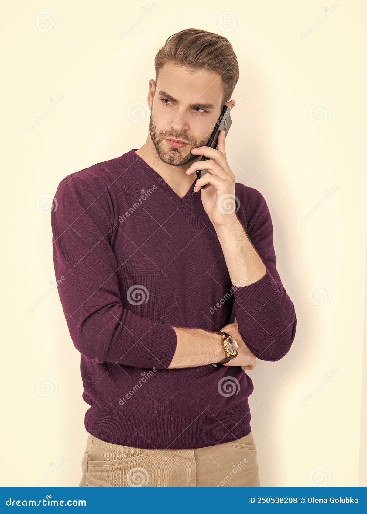 Keep in Touch. Serious Man Talk on Cellphone. Making Phone Call ...