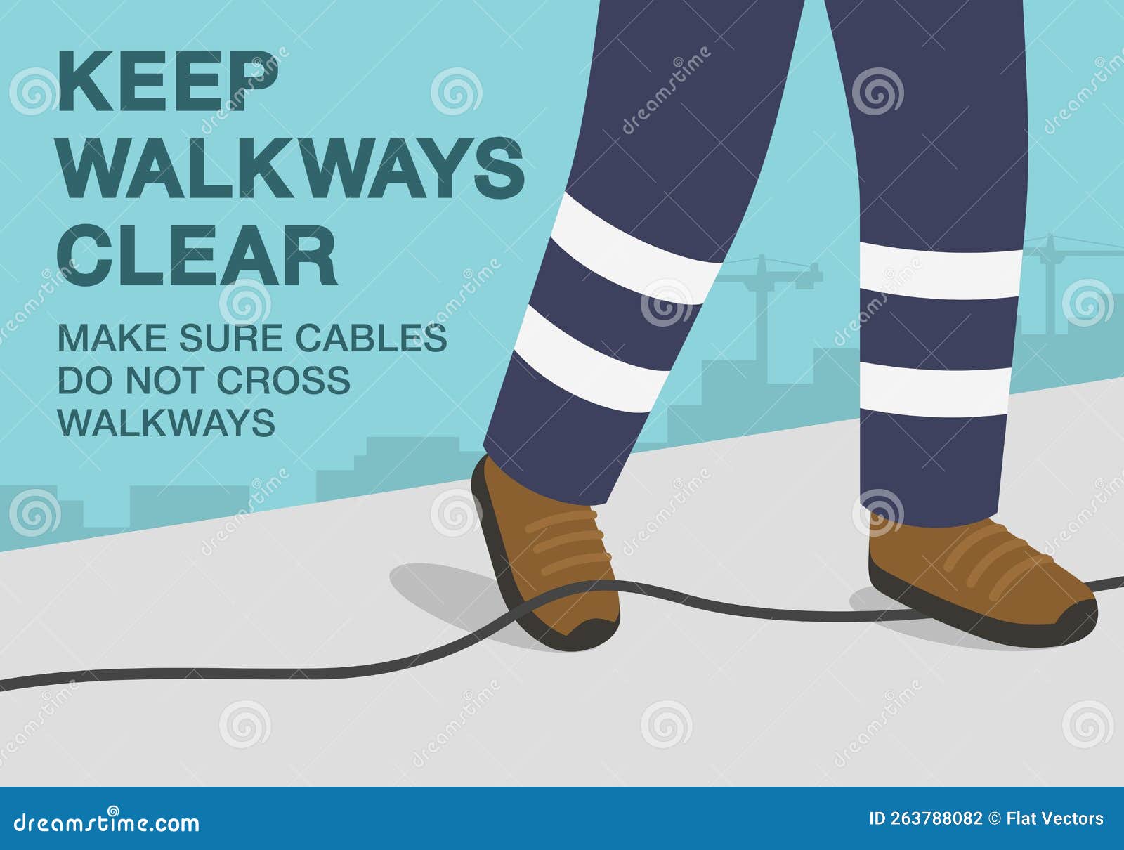 Keep Walkways Clear, Make Sure Cables Do Not Cross Walkways. Close-up ... Keep Walkways Clear, Make Sure Cables Do Not Cross Walkways. Close-up ...