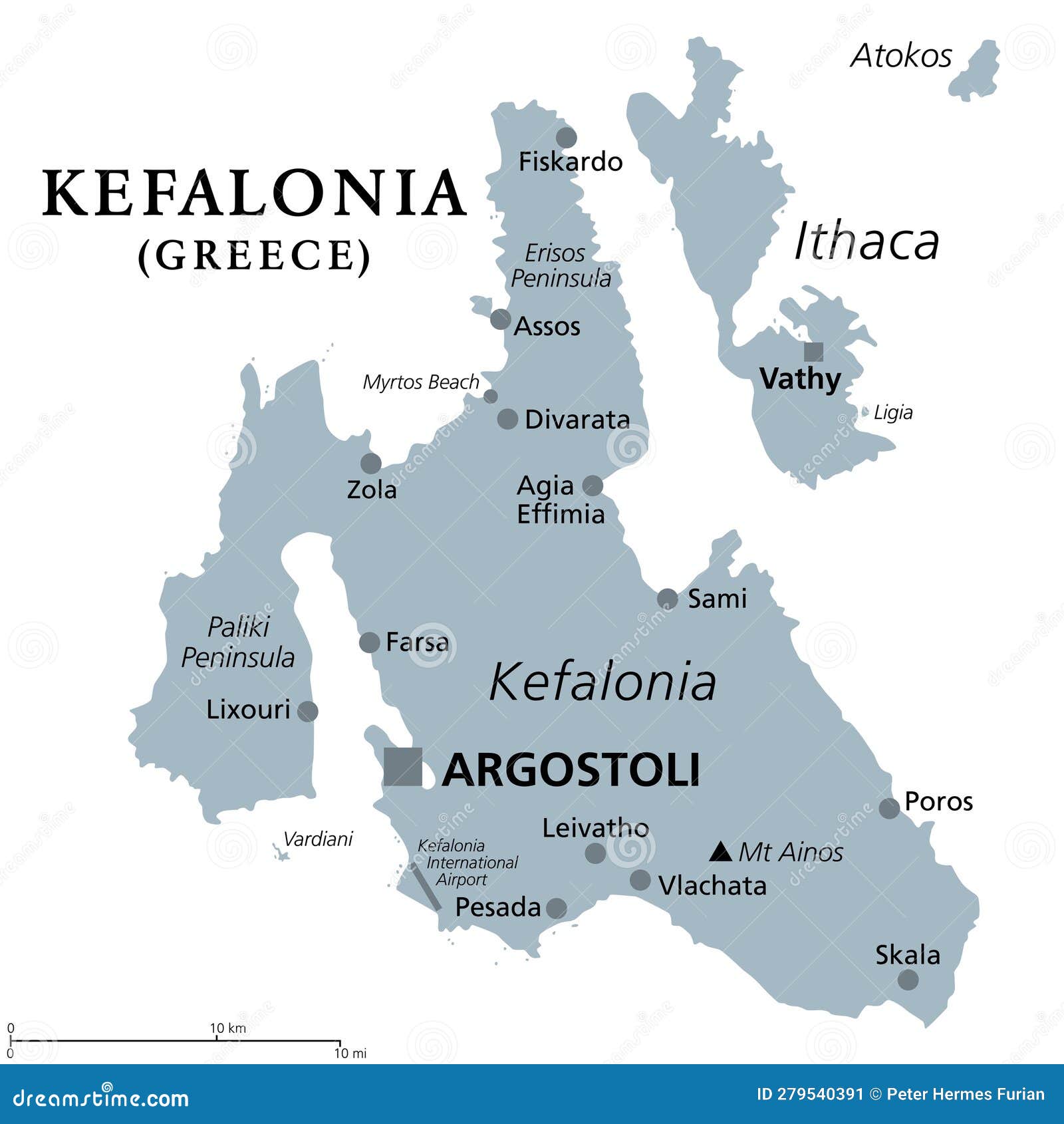 Kefalonia, Ionian Island in Western Greece, Gray Political Map Stock ...