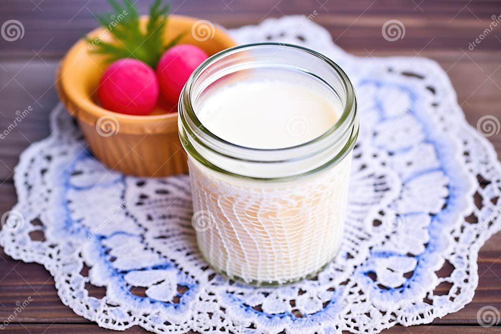 Kefir in a Ceramic Cup with a Crochet Doily Underneath it Stock Image ...