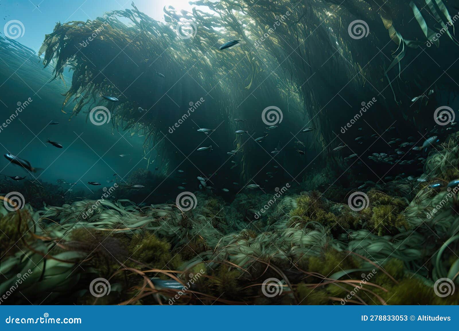 Kelp Forest with Schools of Fish, Squid and Octopuses Stock Image ...