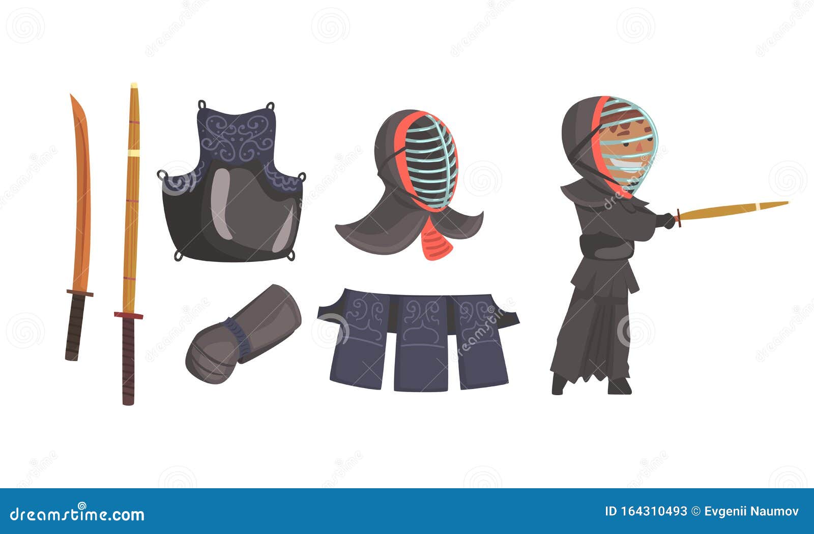 Kendo Attributes Vector Illustrated Set. Clothing Character Holding ... Kendo Attributes Vector Illustrated Set. Clothing Character Holding ...