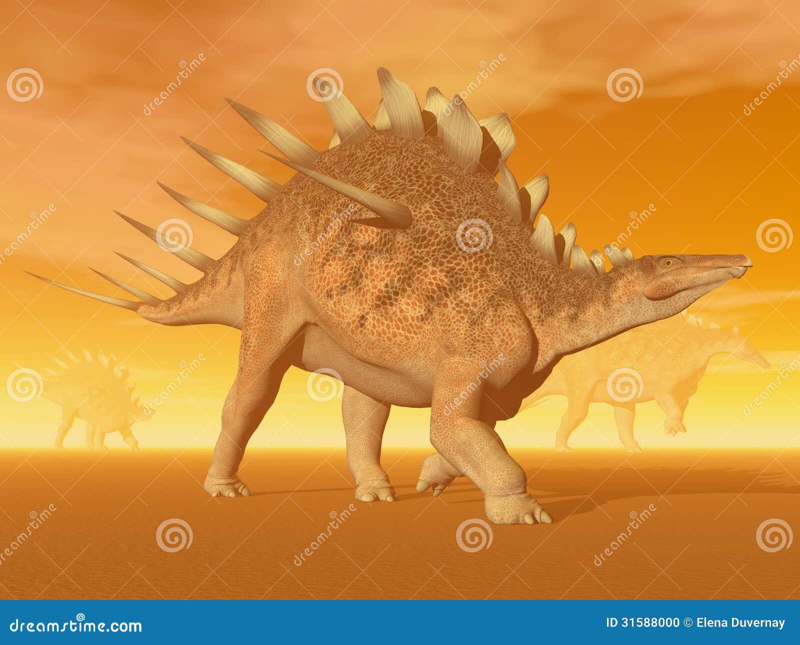 Kentrosaurus Dinosaurs Marching In Prehistoric Landscape Stock Photo ...