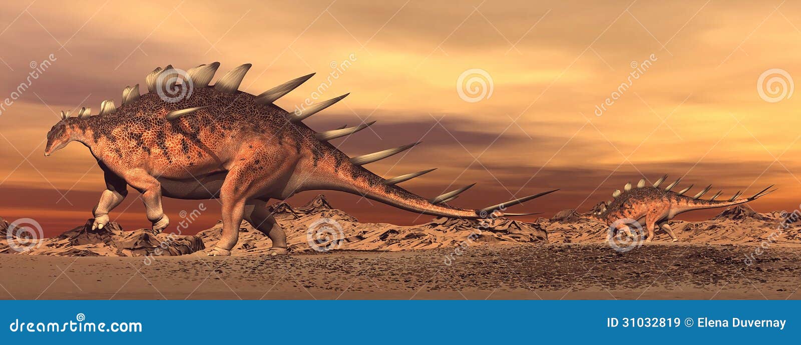 Kentrosaurus Dinosaurs Marching In Prehistoric Landscape Stock Photo ...