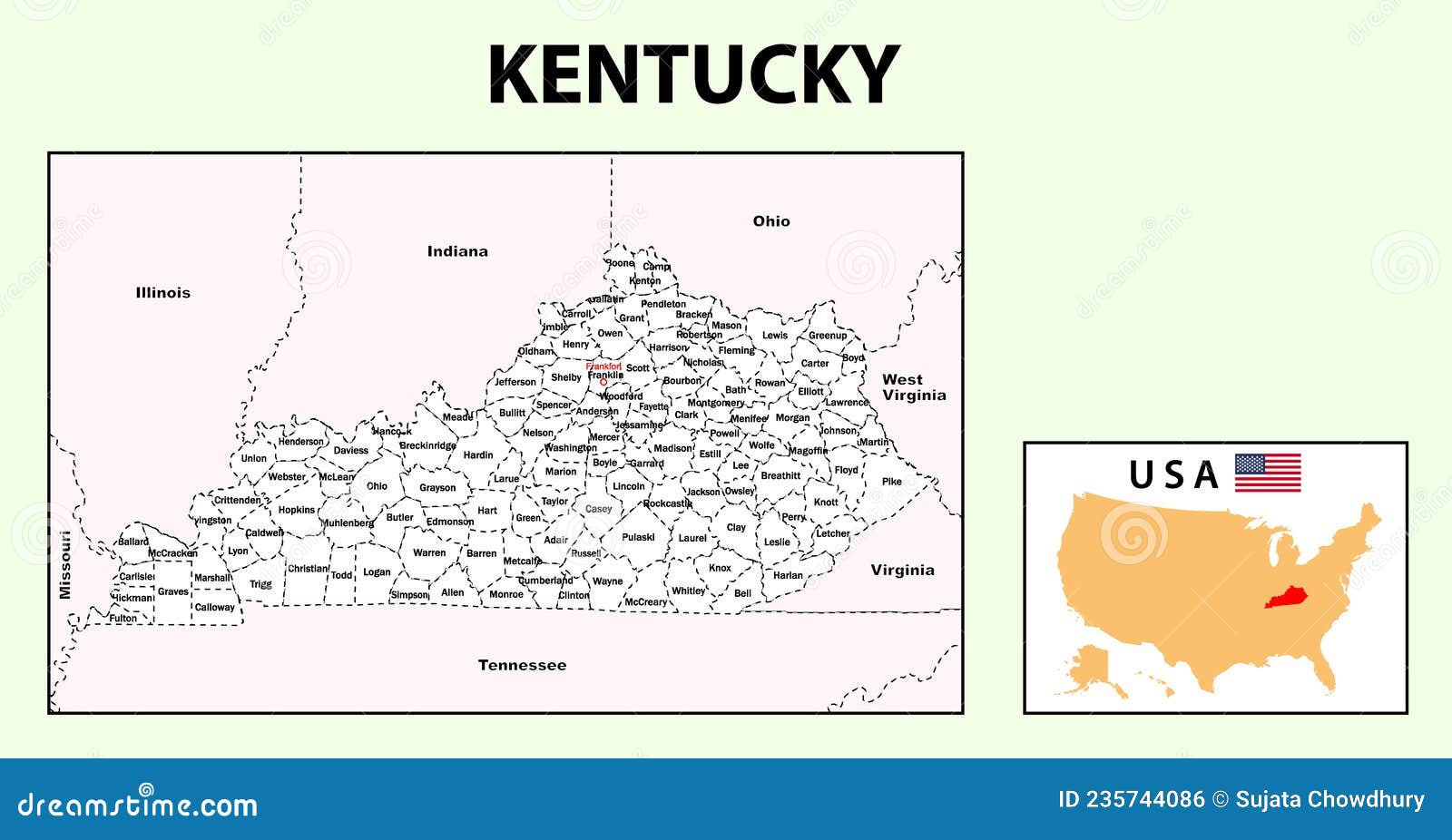 Kentucky Map. Political Map of Kentucky with Boundaries in White Color ...