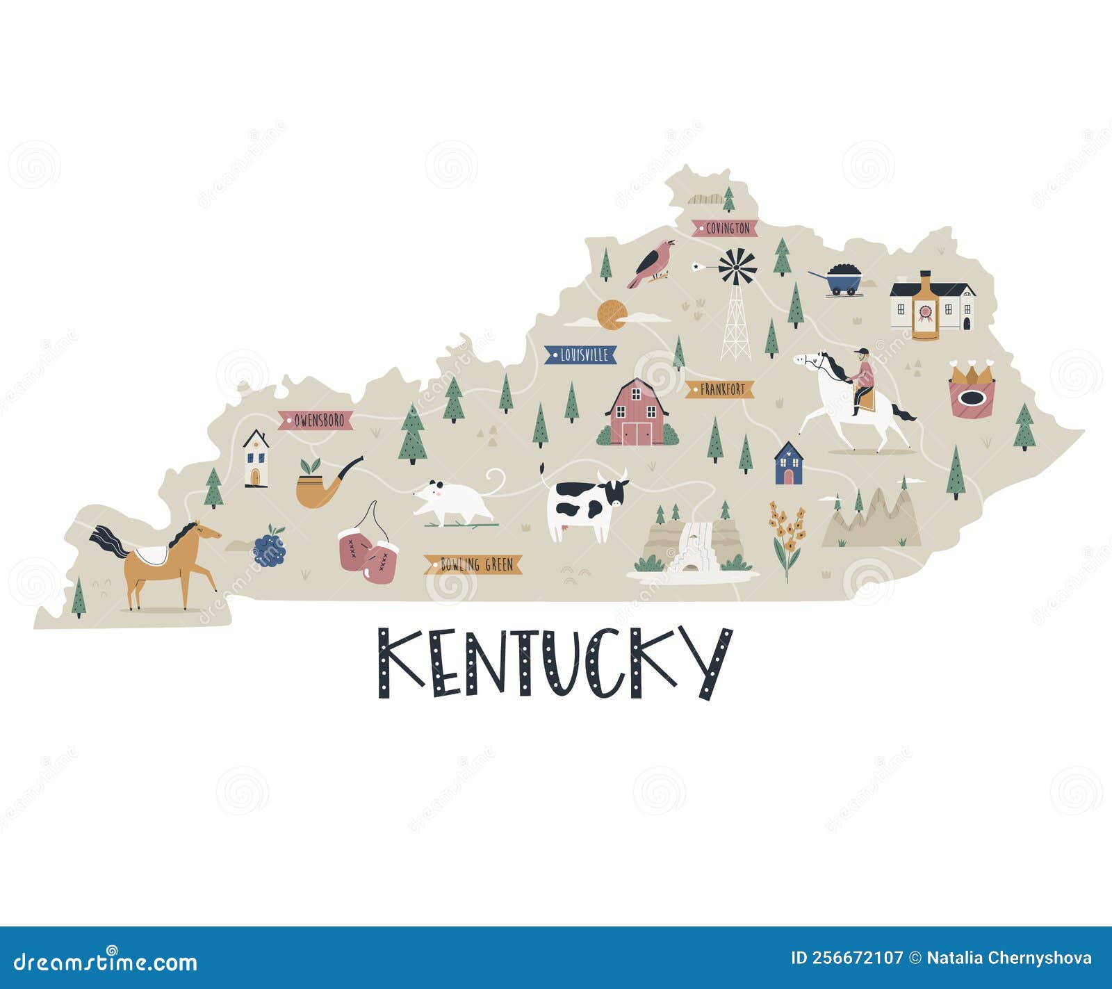 Kentucky Map State with Landmarks and Symbols. Stock Vector ...