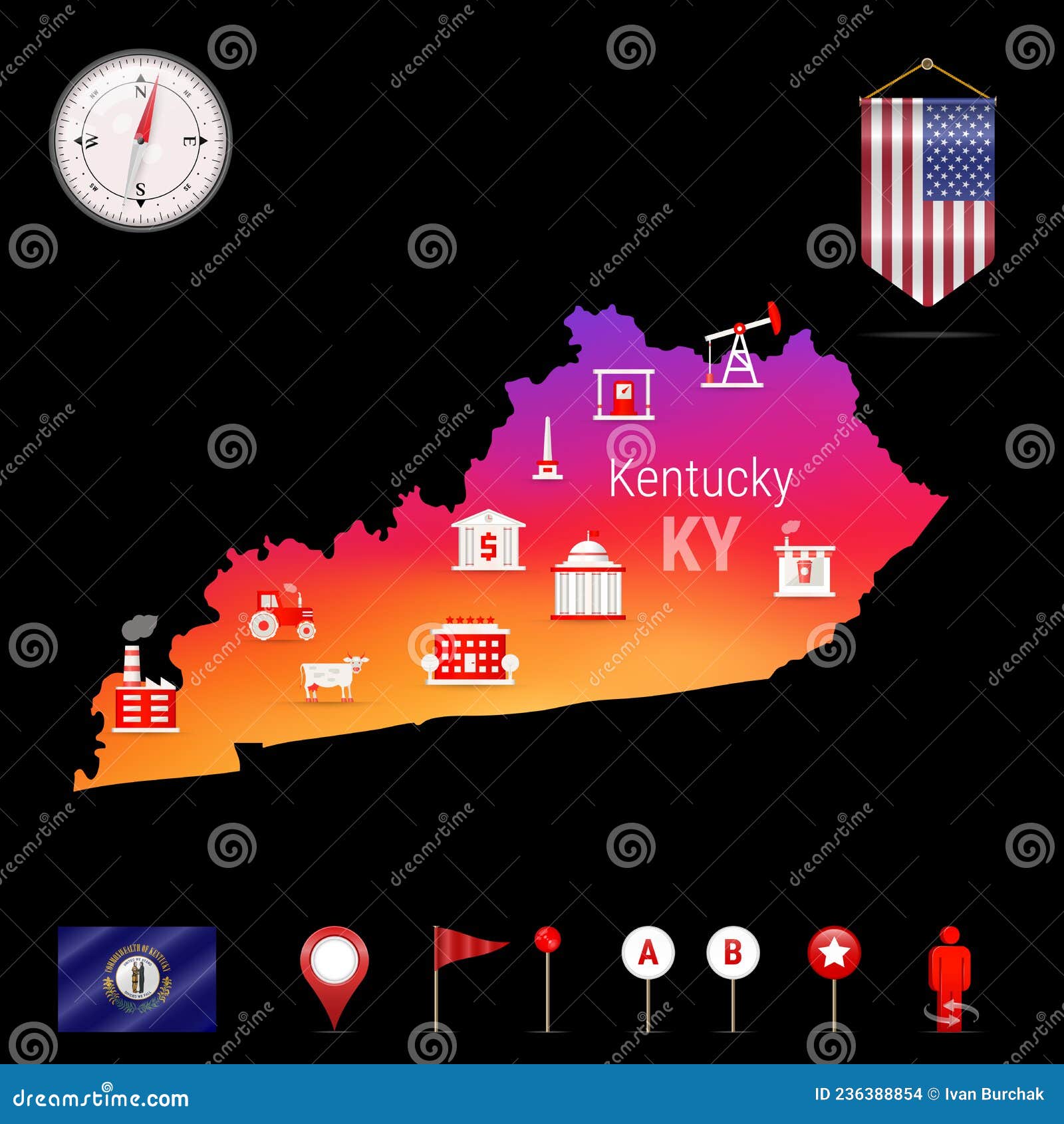 Kentucky Vector Map, Night View. Compass Icon, Map Navigation Elements ...