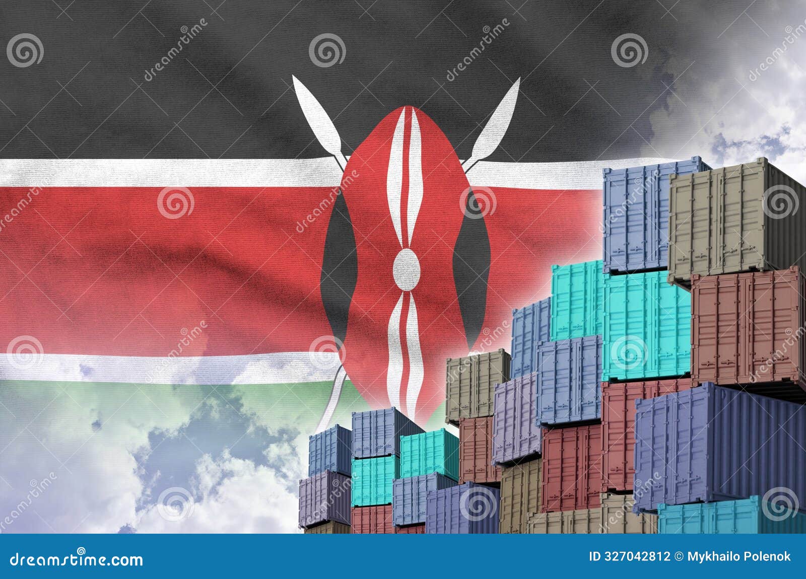 Kenya Flag and Big Stack of Shipping Cargo Containers in Docks with Sky ...