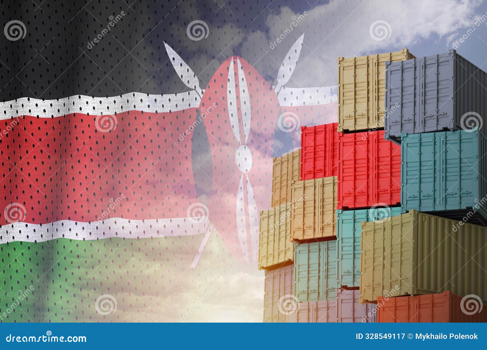 Kenya Flag and Big Stack of Shipping Cargo Containers in Docks with Sky ...