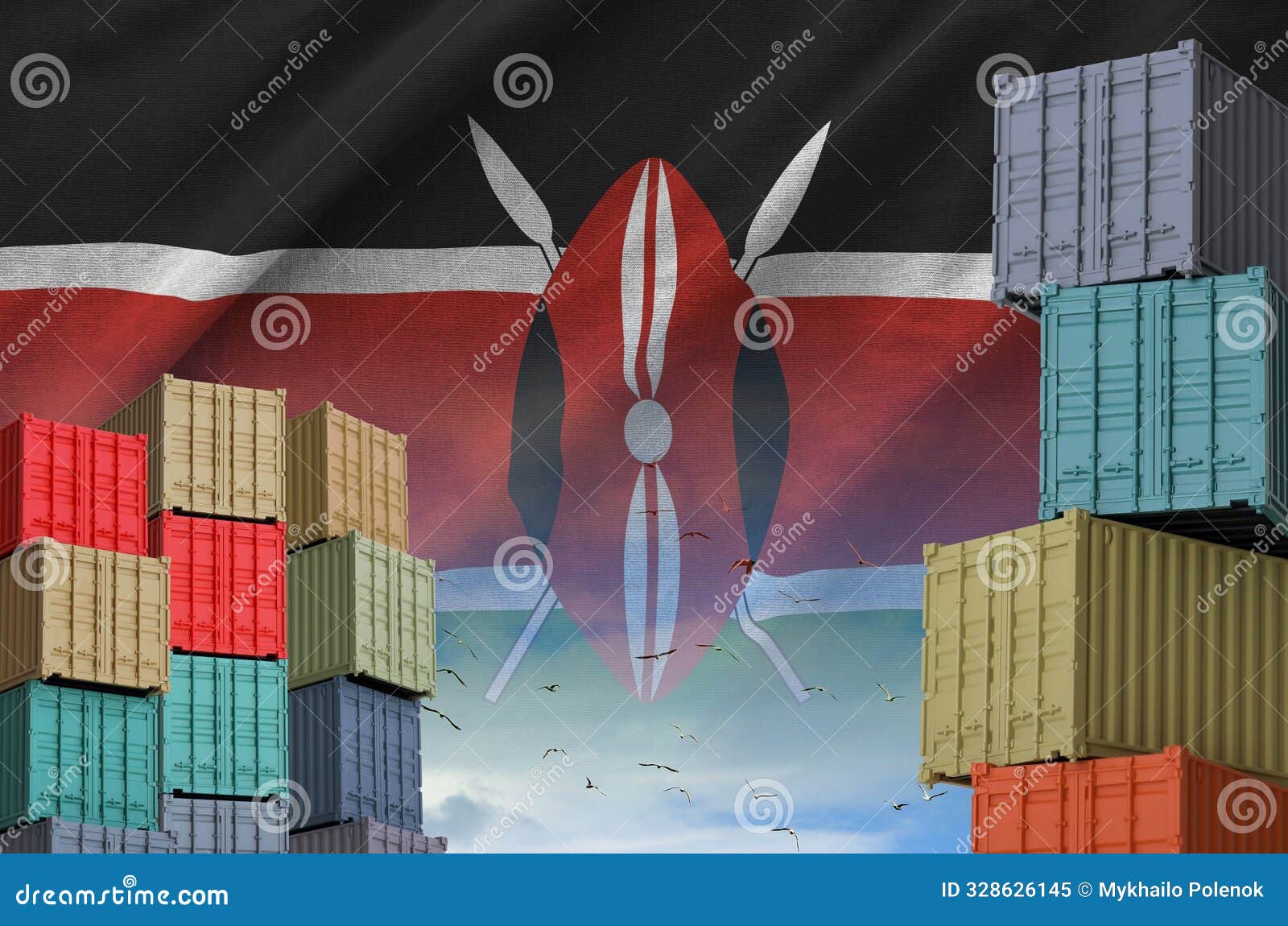 Kenya Flag and Big Stack of Shipping Cargo Containers in Docks with Sky ...