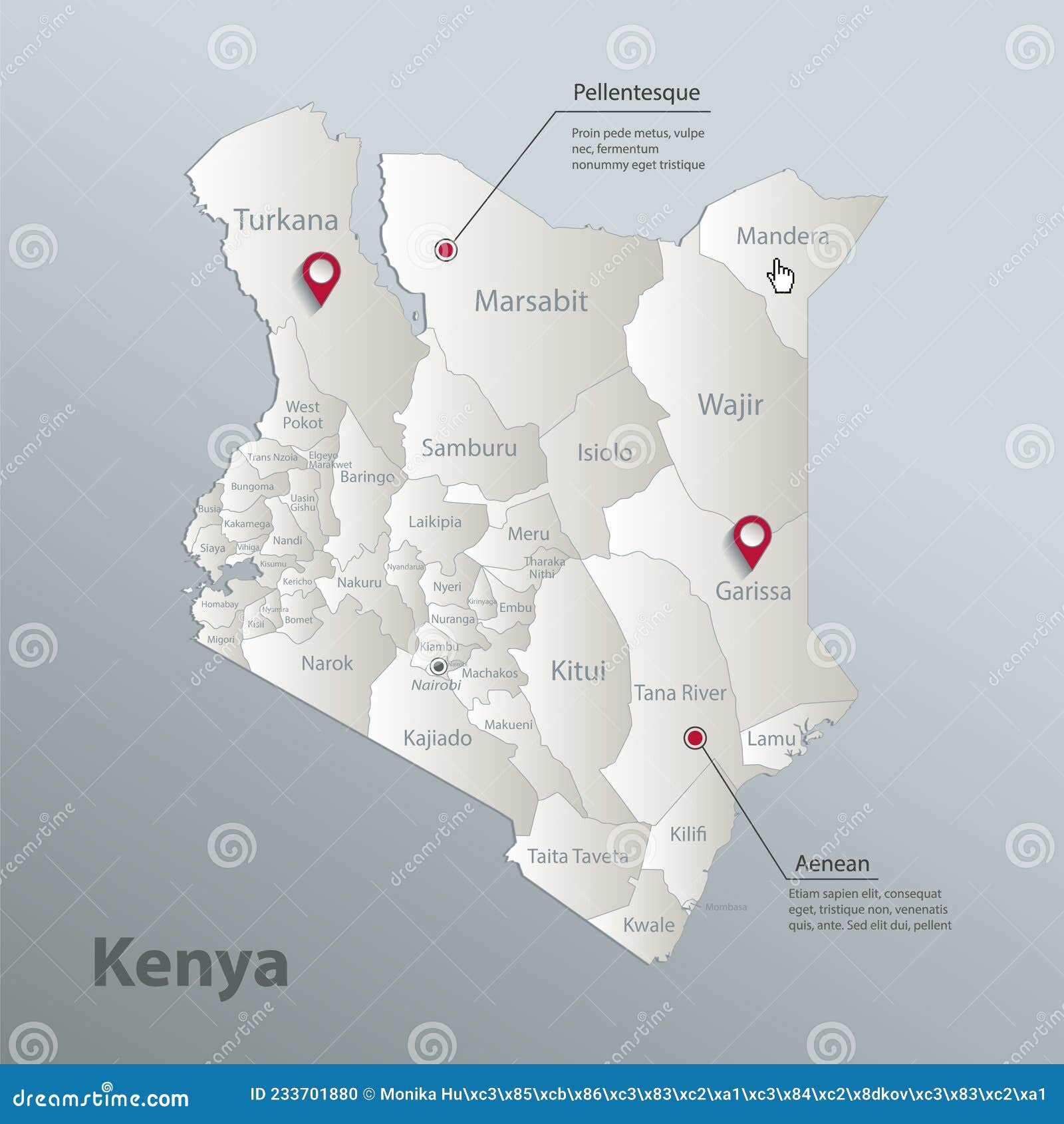 Kenya Map, Administrative Division with Names, Blue White Card Paper 3D ...