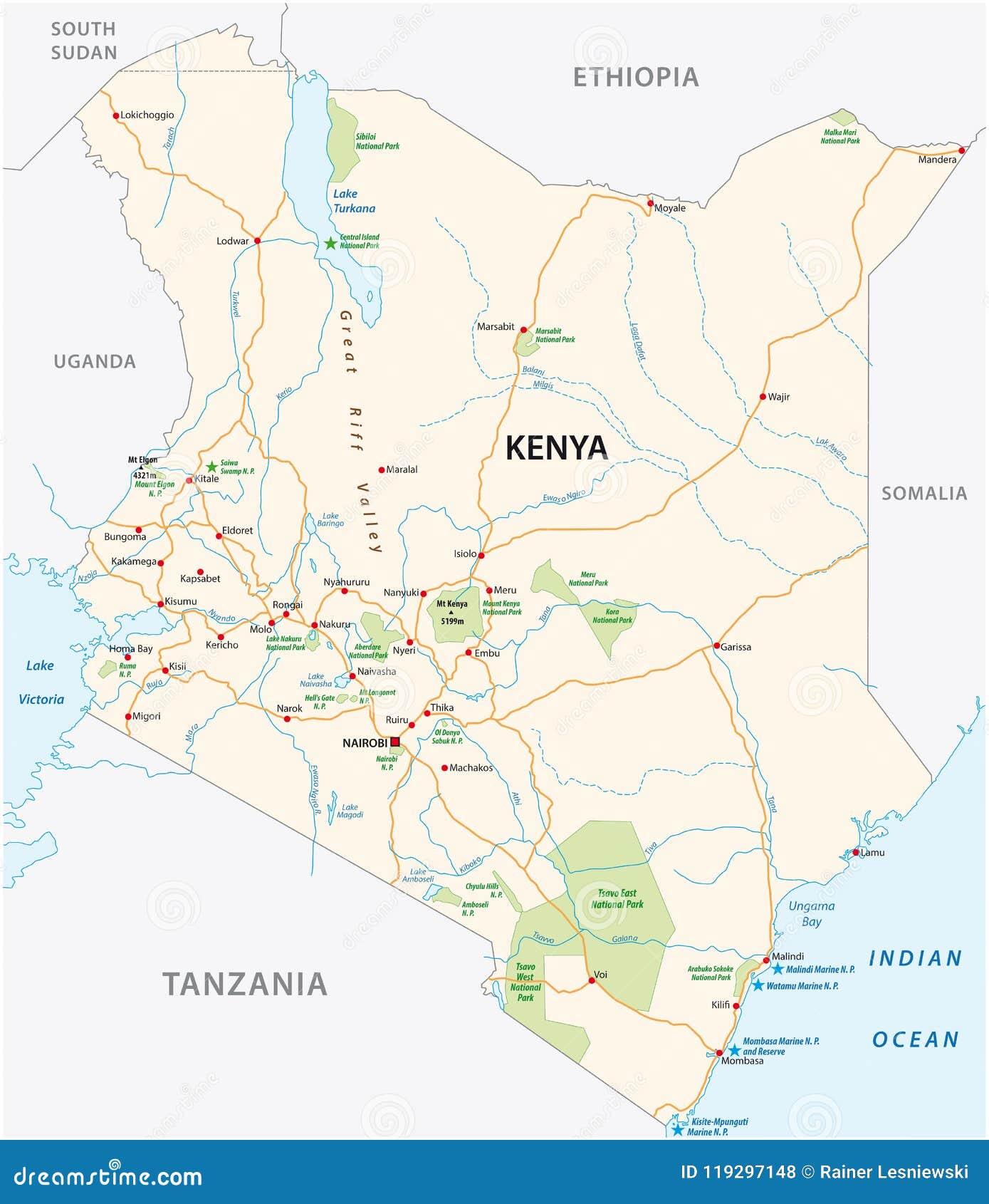 Kenya Road and National Park Vector Map Stock Vector - Illustration of ...