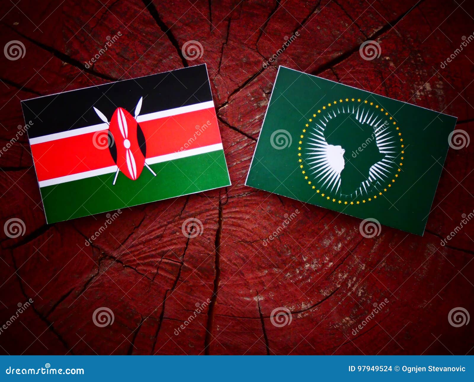 Kenyan Flag with African Union Flag on a Tree Stump Stock Photo - Image ...