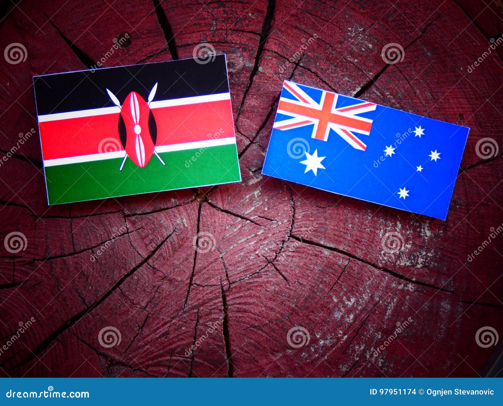 Kenyan Flag with Australian Flag on a Tree Stump Isolated Stock Photo ...