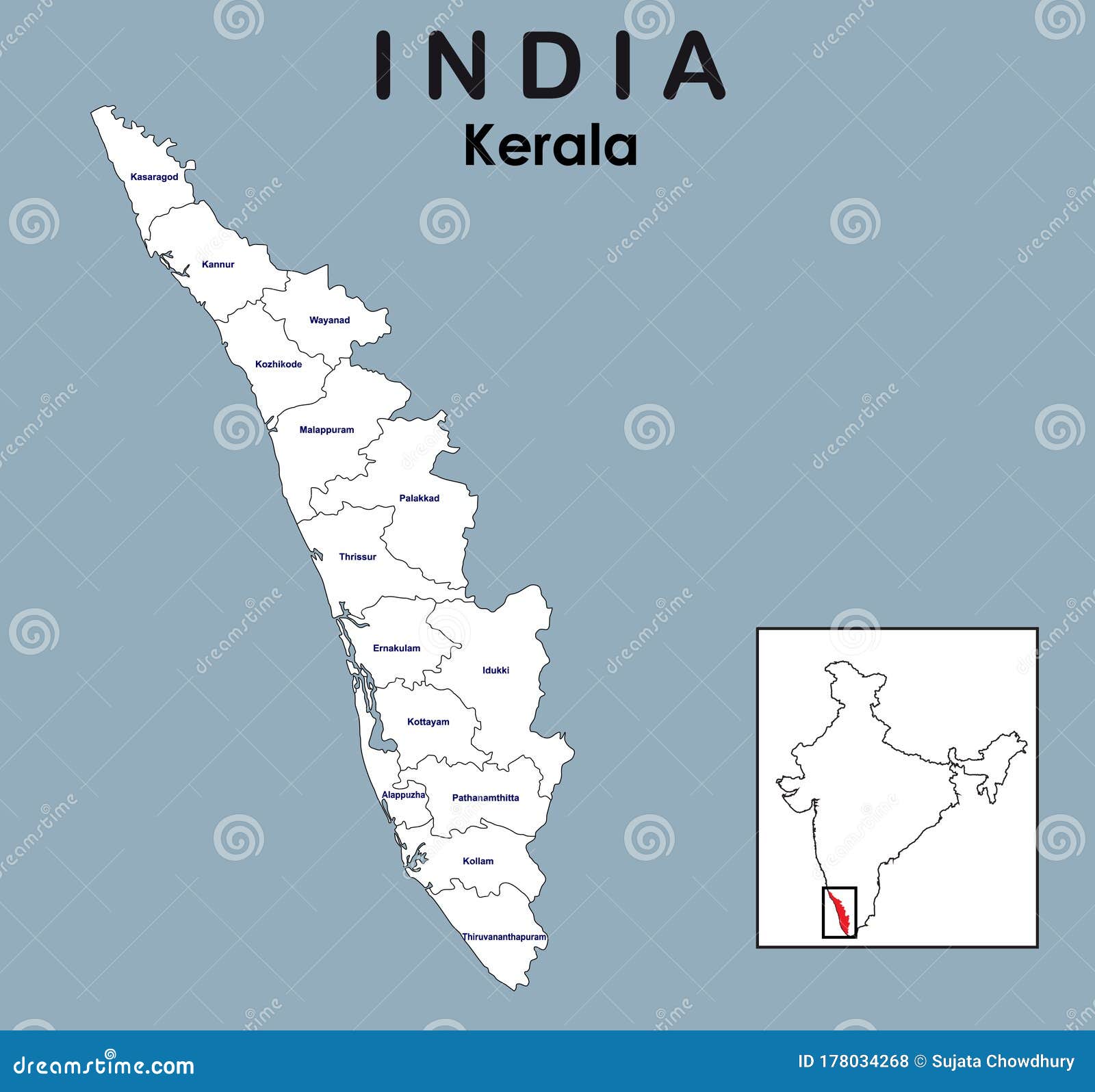 Kerala Map. Vector Illustration of District Map of Kerala in White ...