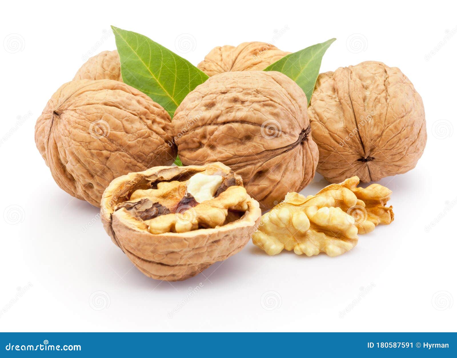 Kernel and Whole Walnuts with Leaves Isolated on White Background Stock ...