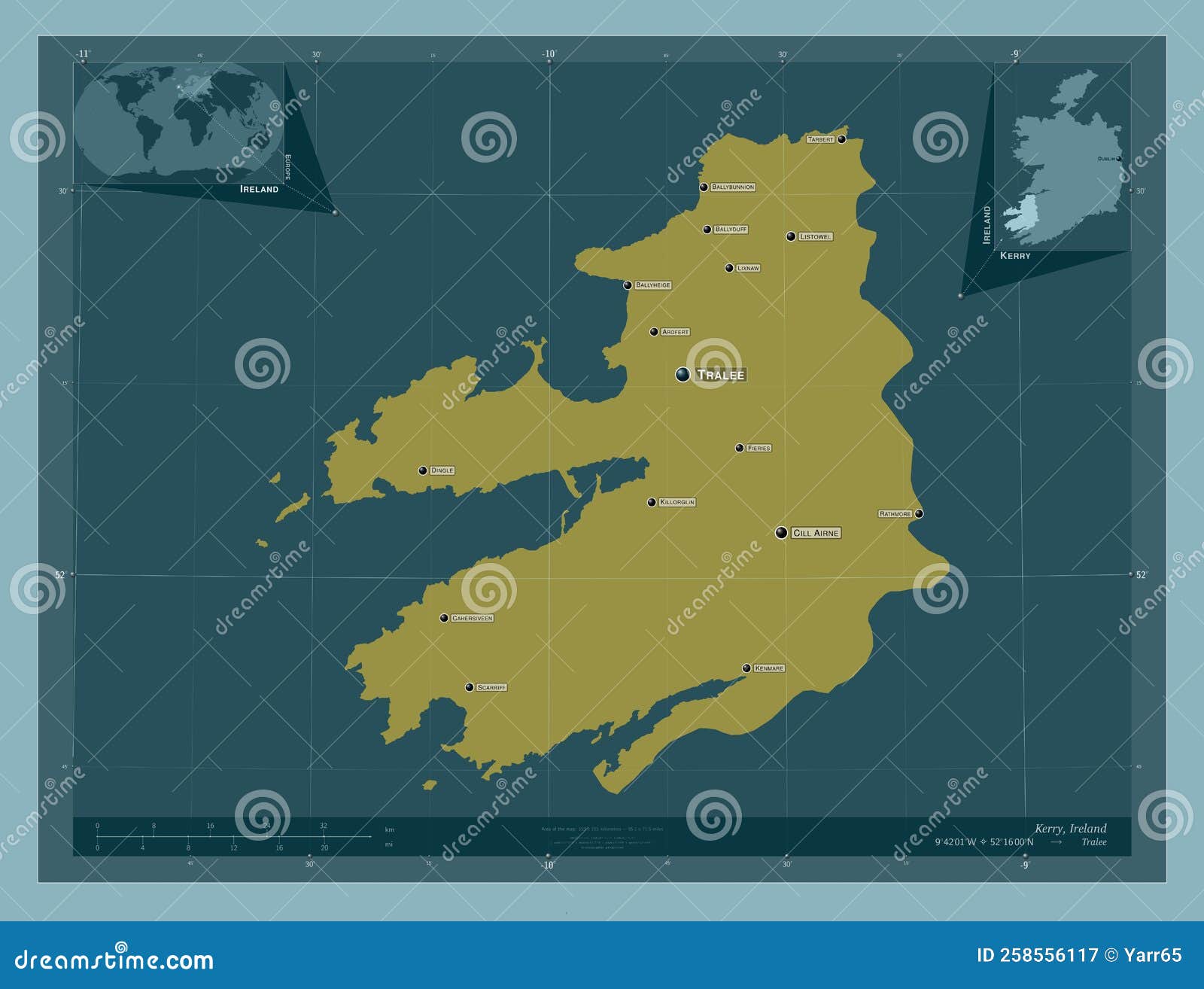 Kerry, Ireland. Solid. Labelled Points of Cities Stock Illustration ...