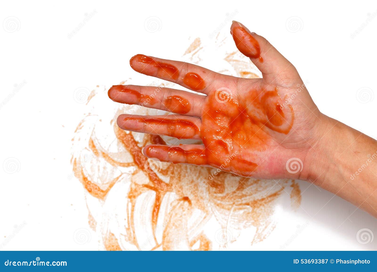 Ketchup Spill Stain Mucky Hand White Background Stock Image - Image of ...