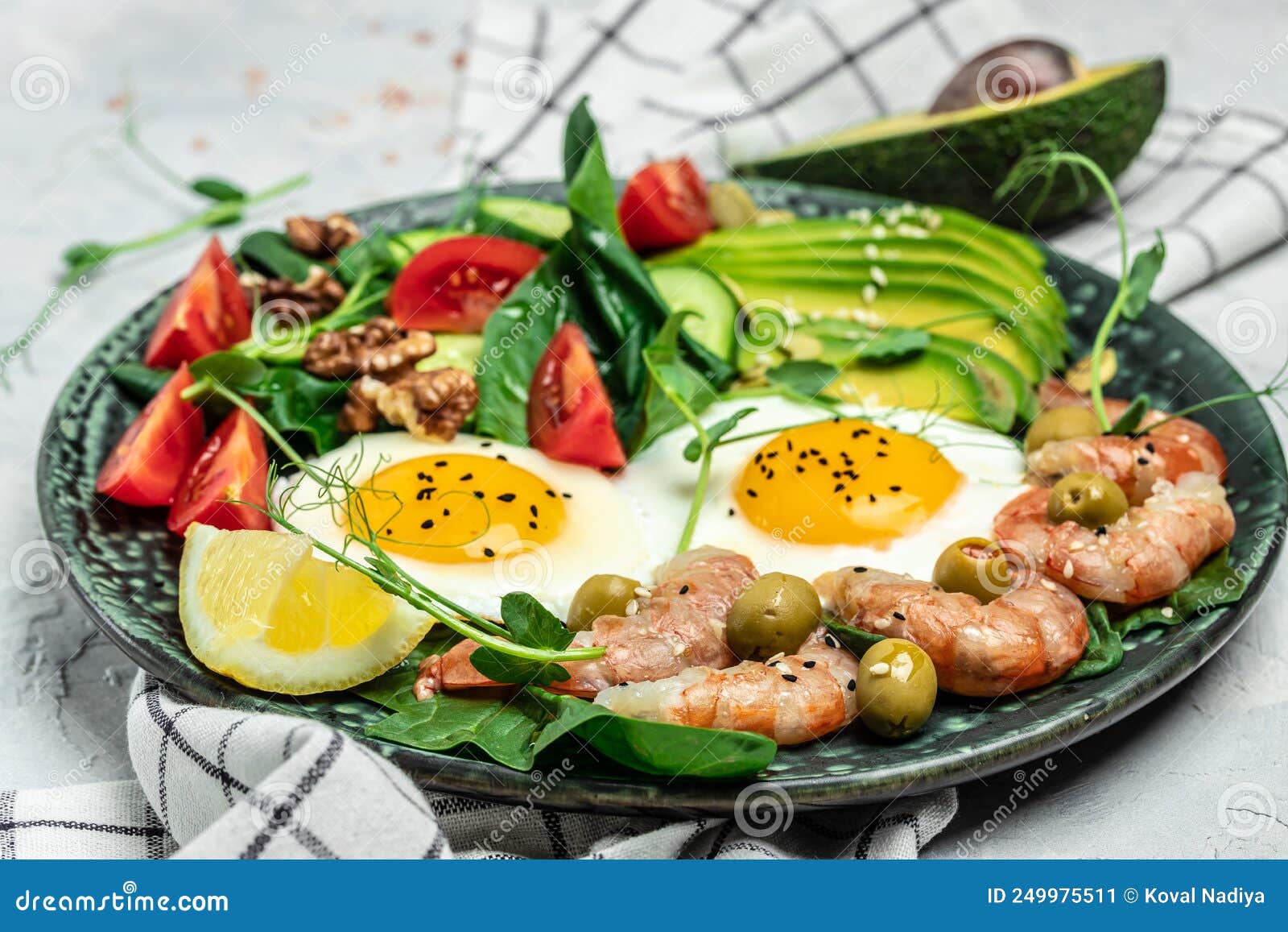 Ketogenic Diet Breakfast Shrimps Prawns Soft Fried Egg Fresh Salad