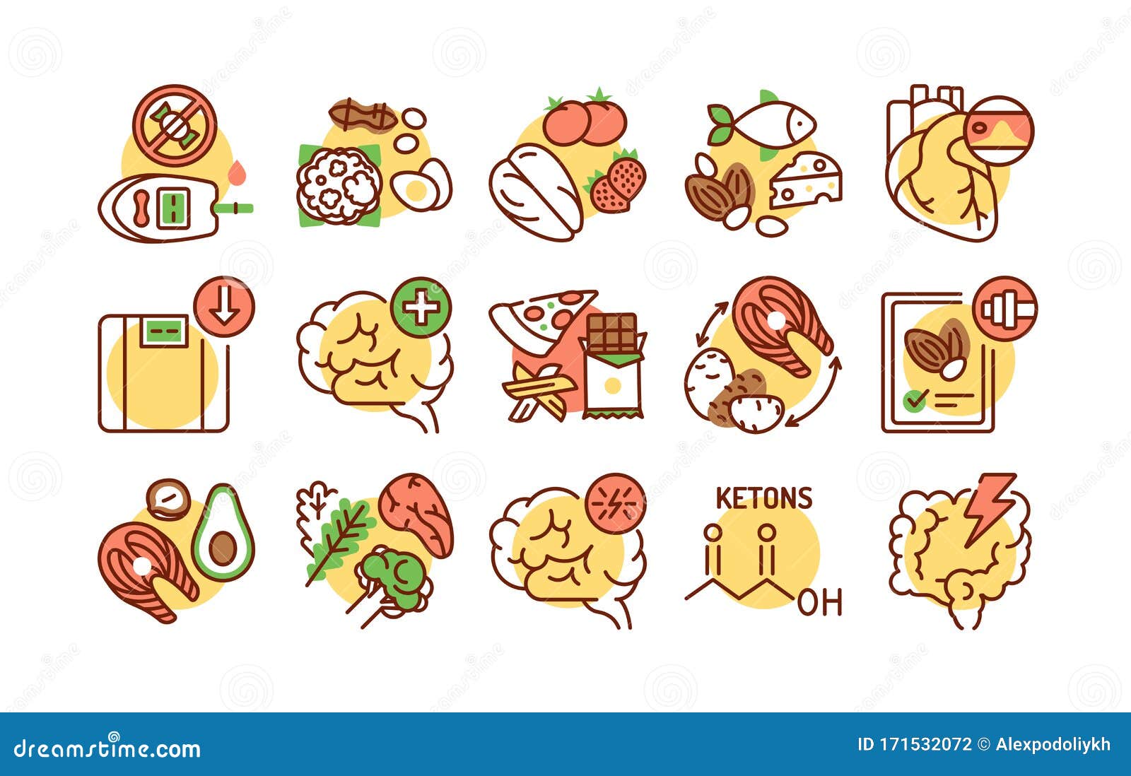 Ketogenic Diet Color Line Icons Set Very Low Carb High Fat Diet