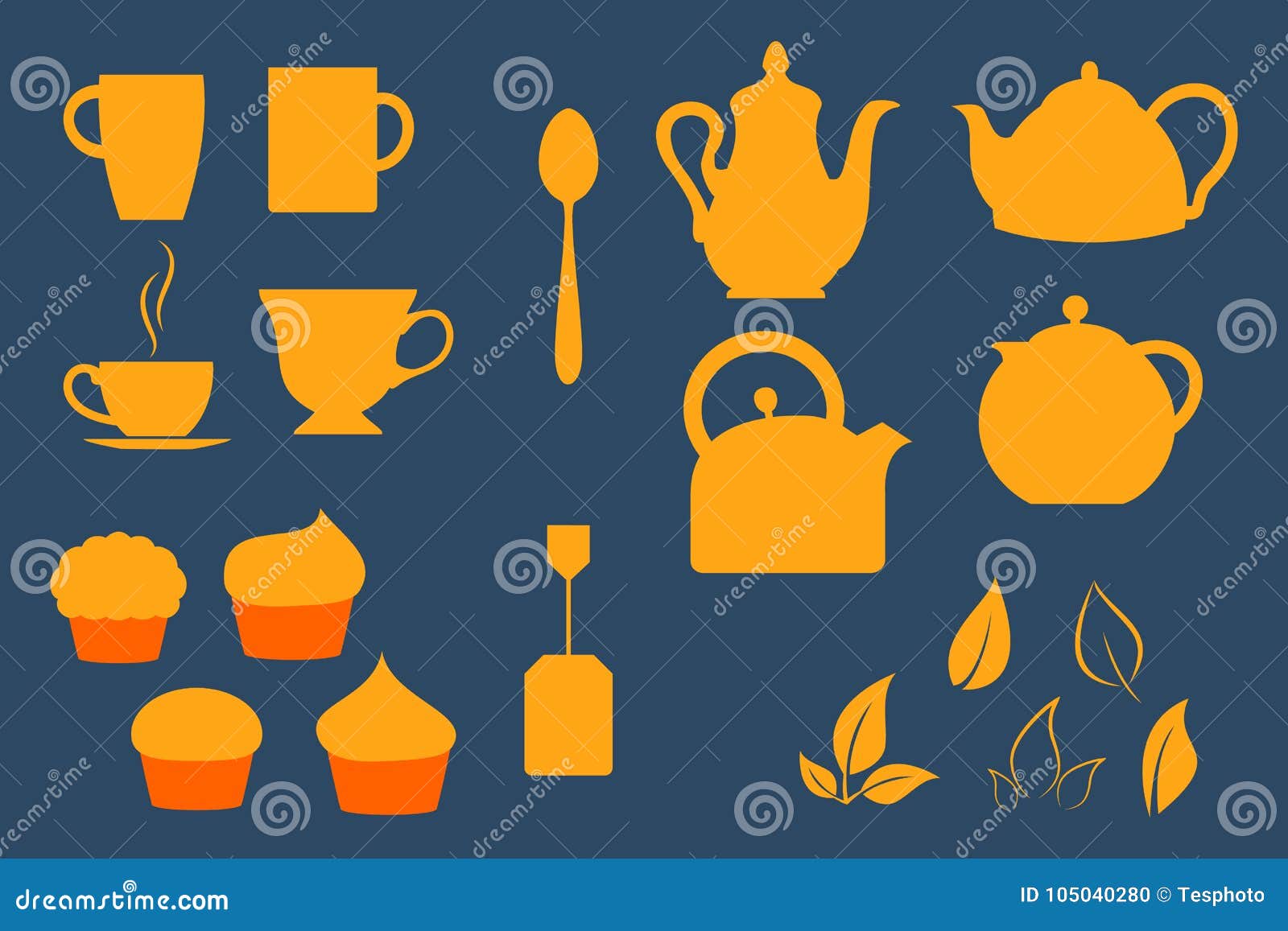 Kettle, Cupcake, Lief, Spoon. Tea Elements Collection. Vector Stock ...