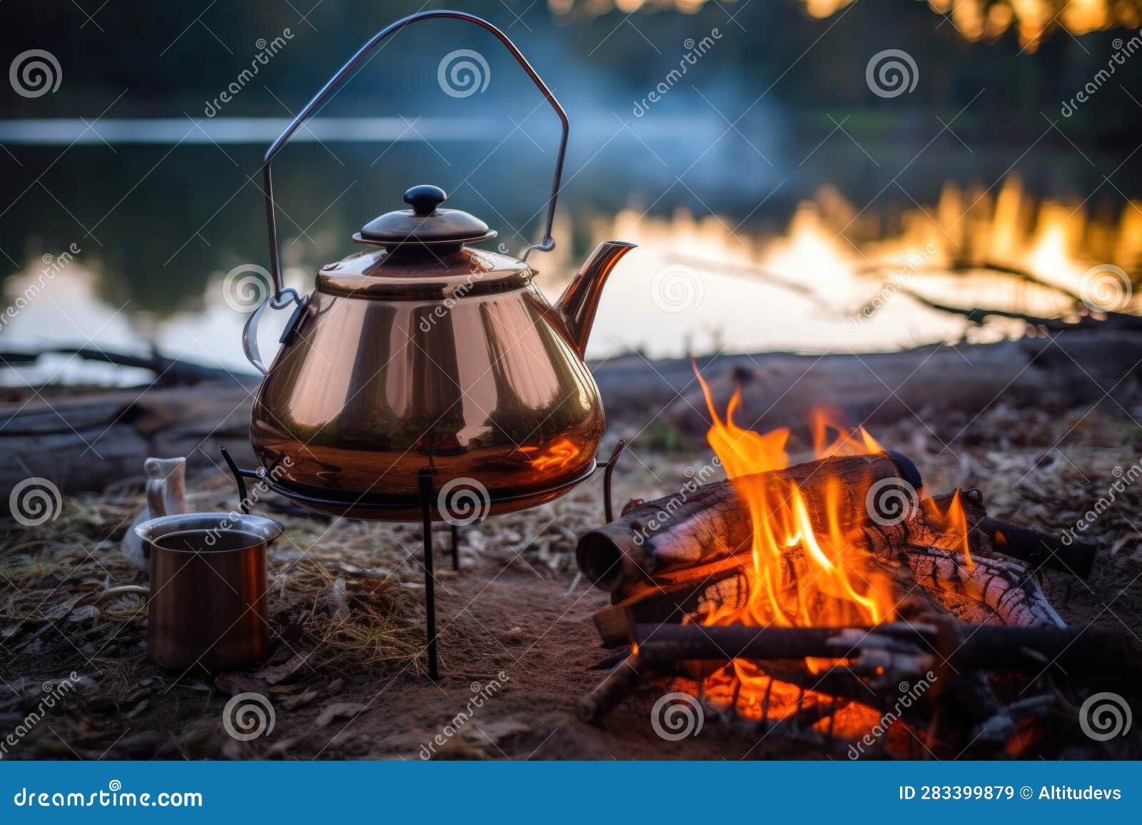 Kettle on Outdoor Camping Fire Setup Stock Illustration - Illustration ...