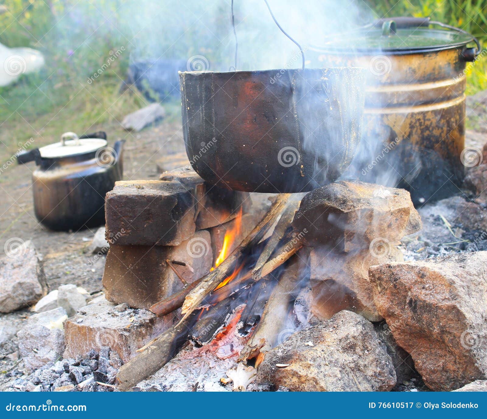 Kettle Over Burning Campfire Stock Image - Image of nature, black: 76610517