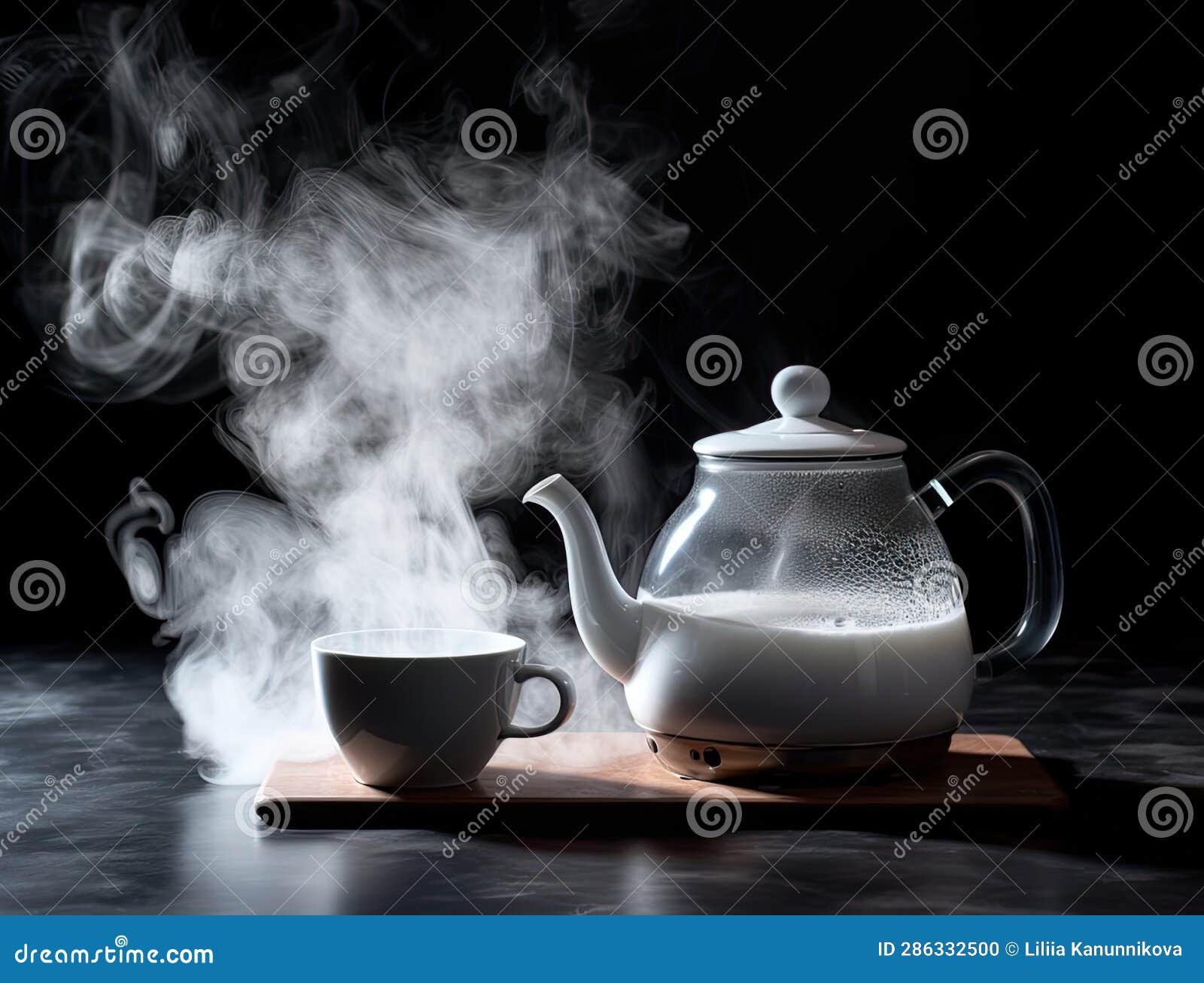 Kettle Pouring Boiling Water into a Cup with Smoke on Wood Table ...