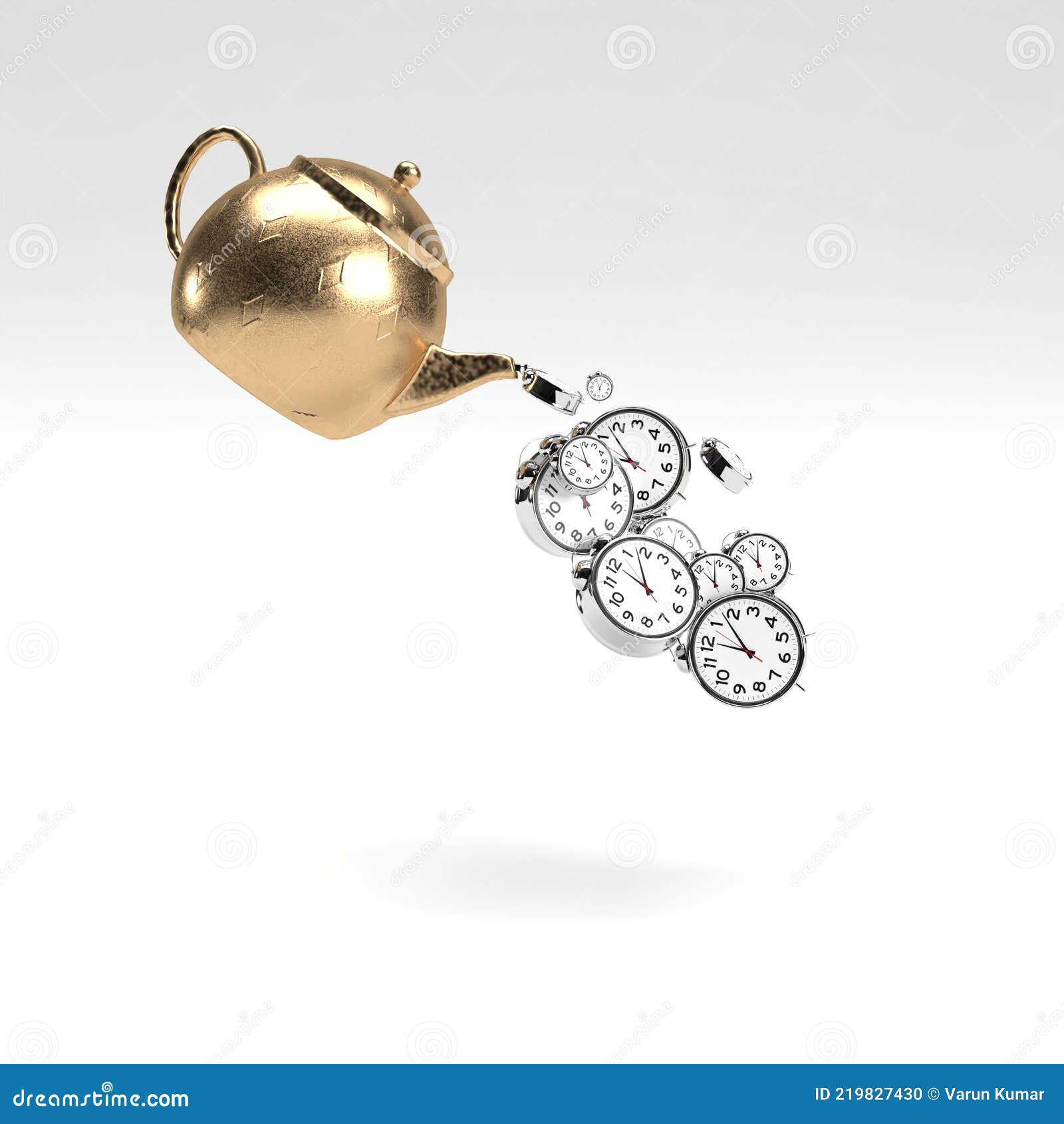 Kettle Pouring Out Clocks in White Background 3D Render Stock ...