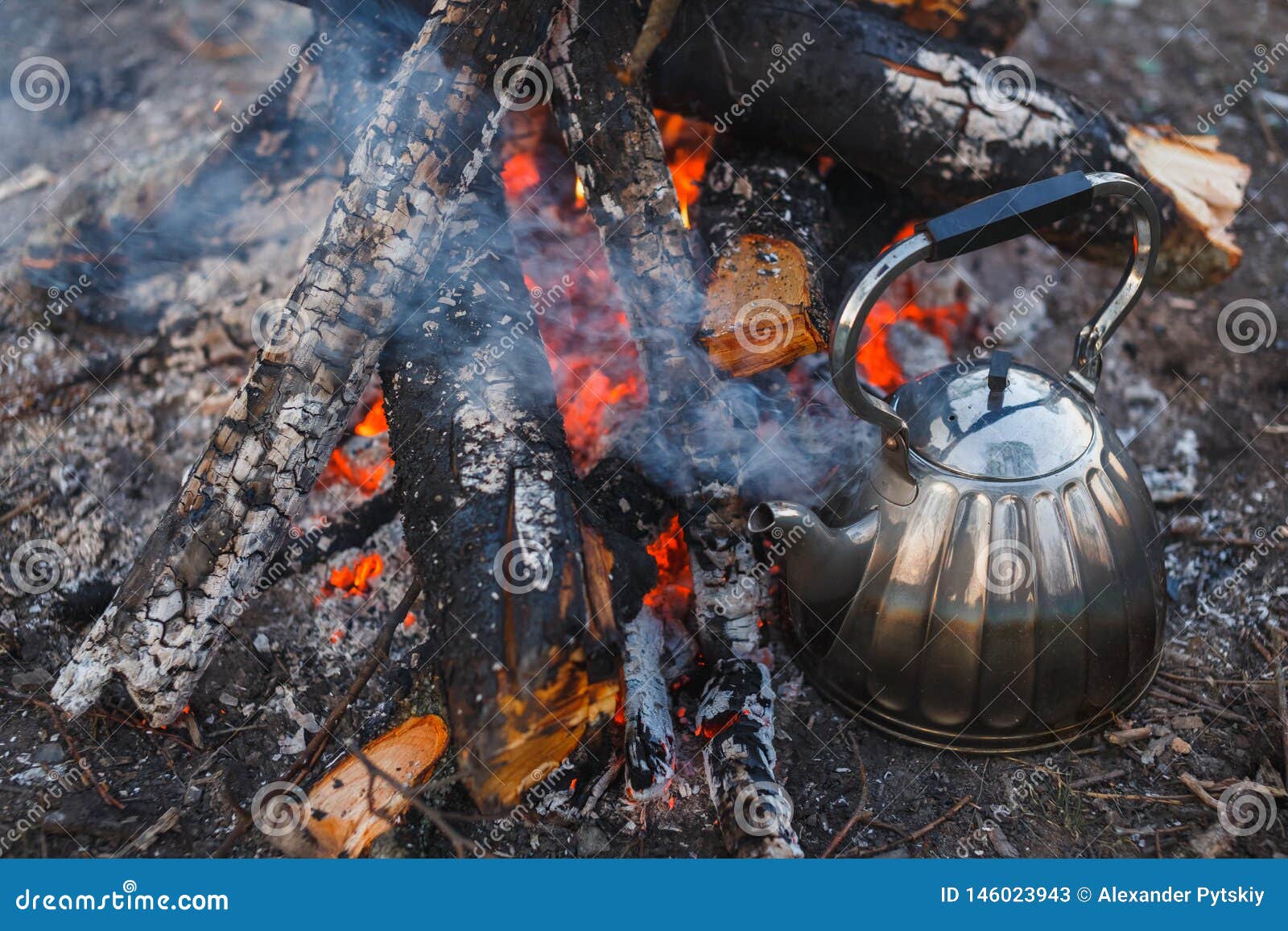Kettle Stands by the Fire on the Lake Stock Image - Image of beach ...