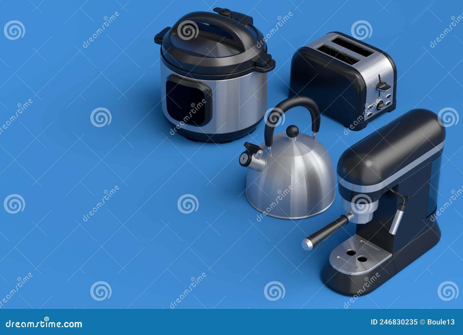 Kettle, Toaster, Coffee Machine with Horn and Multicooker on Blue ...
