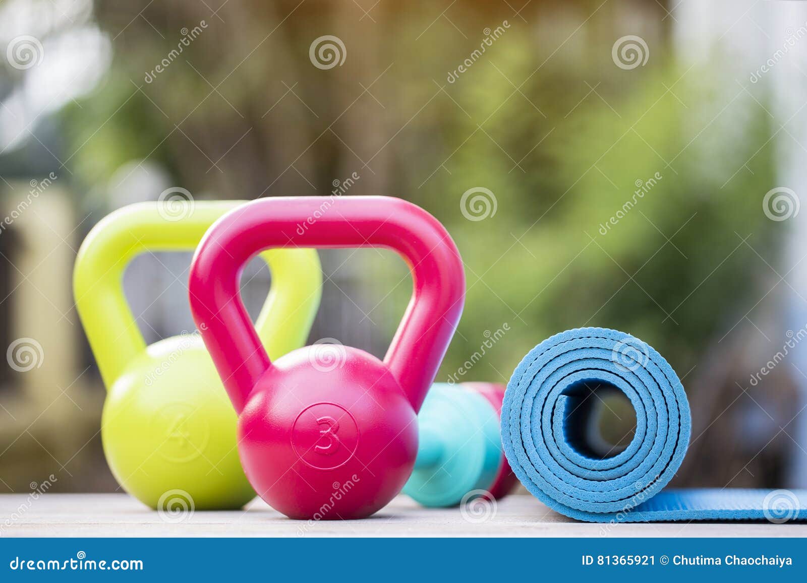 Kettlebell, Dumbbell and Yoga Mat Stock Image - Image of healthy, wood ...