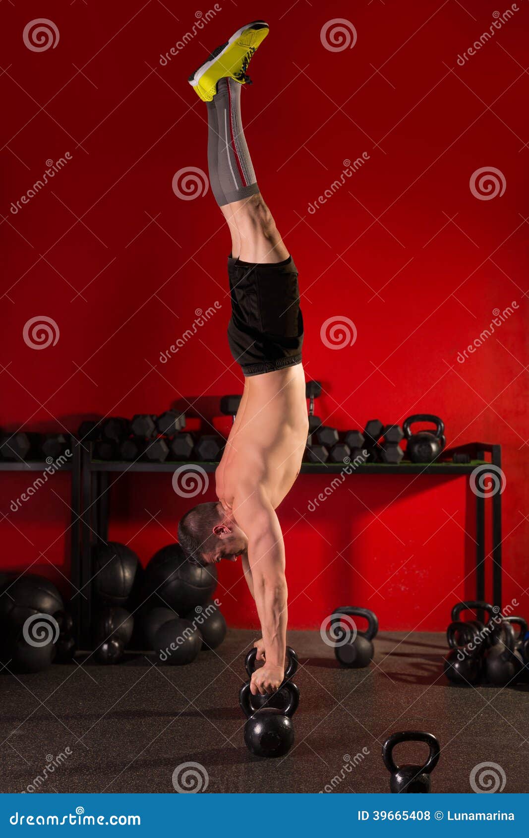 Kettlebell Handstand Man Workout in Red Gym Stock Photo - Image of ...