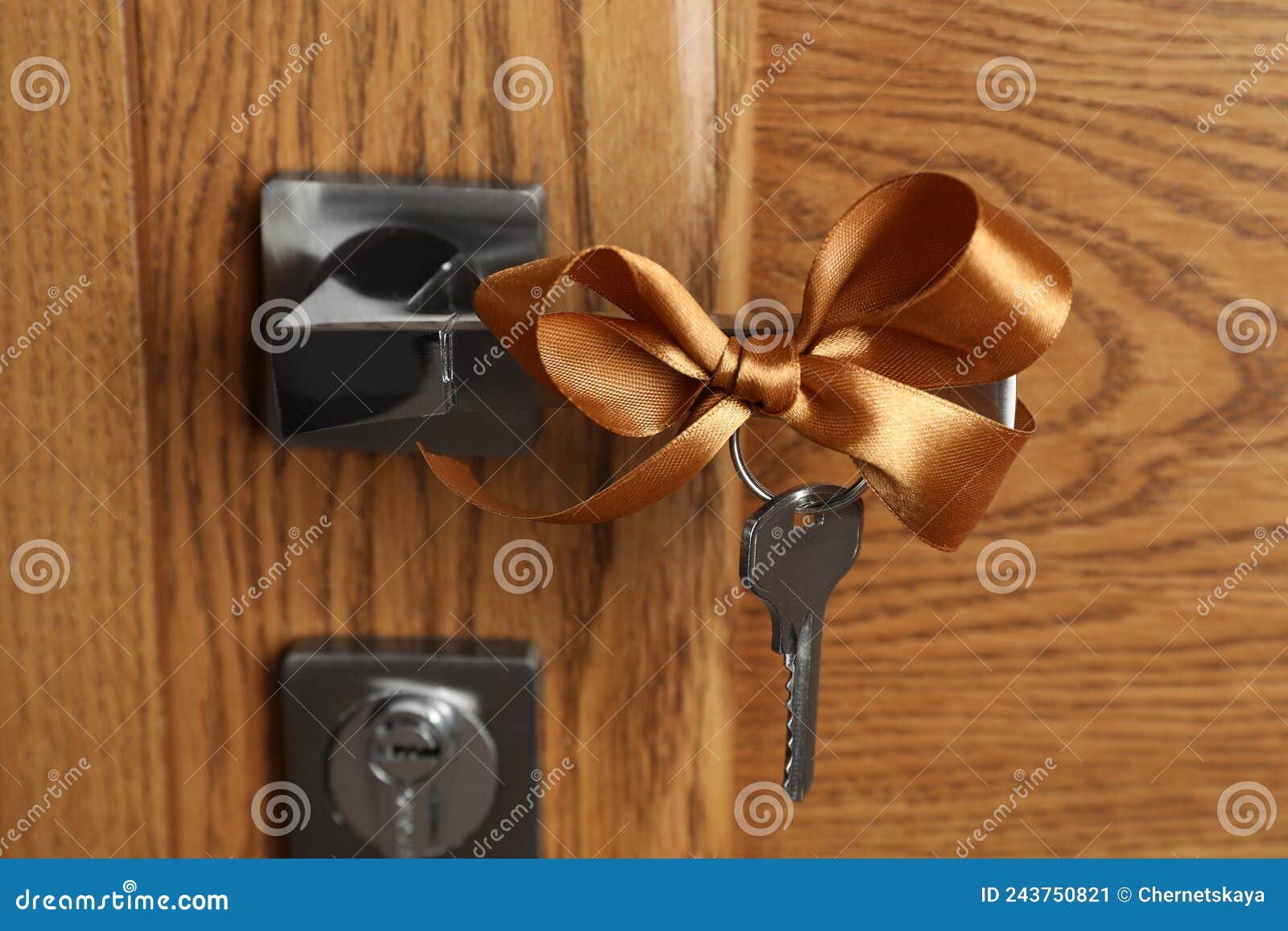 Key with Bow on Door Handle, Closeup View. Housewarming Party Stock ...