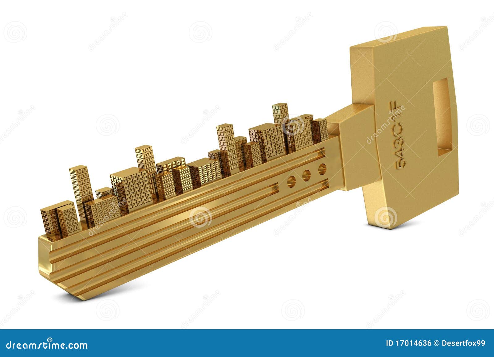 Key with buildings golden stock illustration. Illustration of business ...