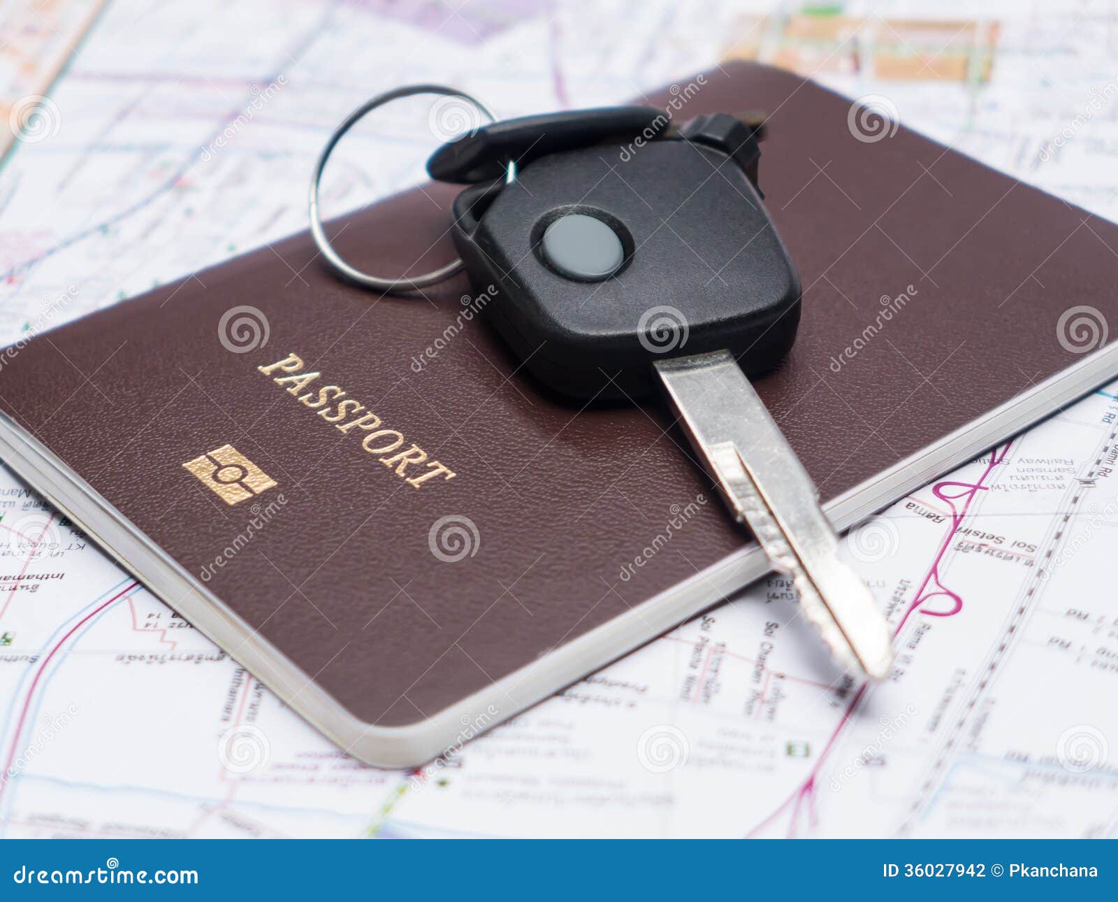 Key from the Car and Passport on Map. Stock Photo - Image of trip ...