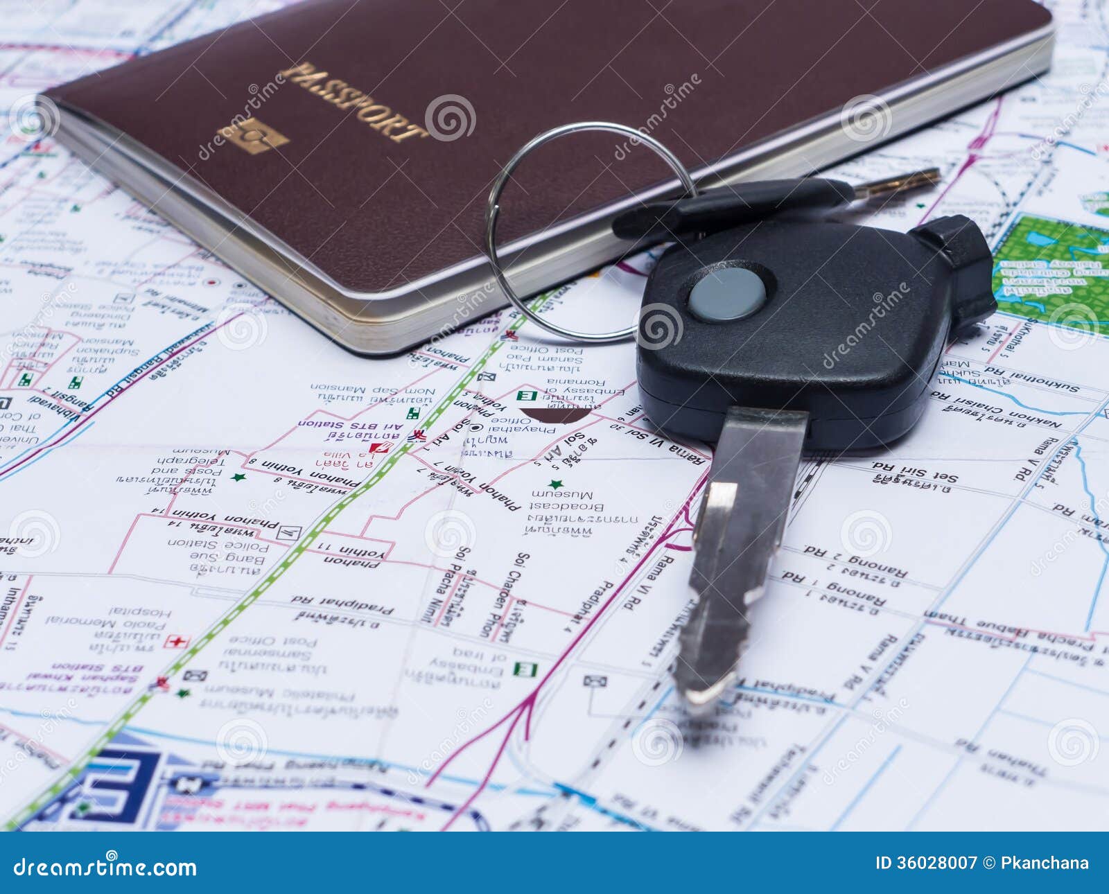 Key from the Car and Passport on Map. Stock Image - Image of plan ...