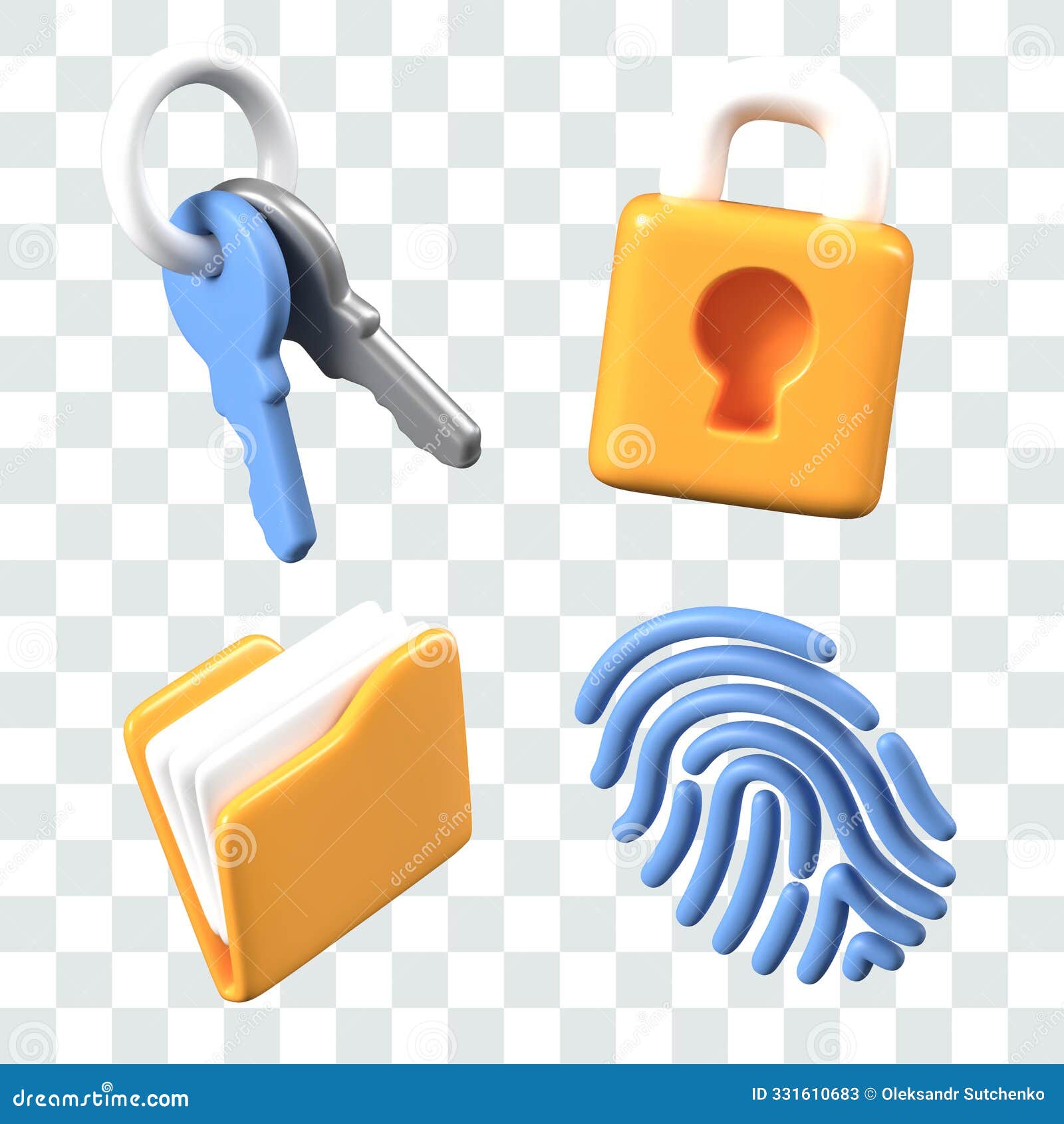 Key Chain, Lock, File Folder, Fingerprint. Set of Isolated Vector Objects for Cybersecurity ...