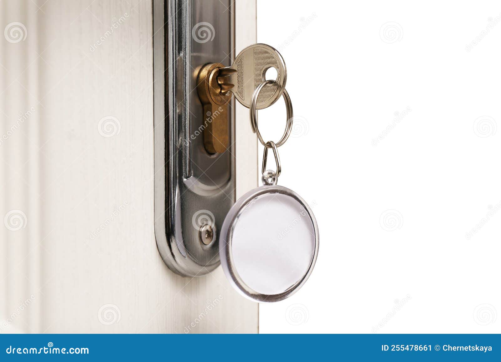 Key with Fob in Door Lock, Closeup. Space for Text Stock Image - Image ...